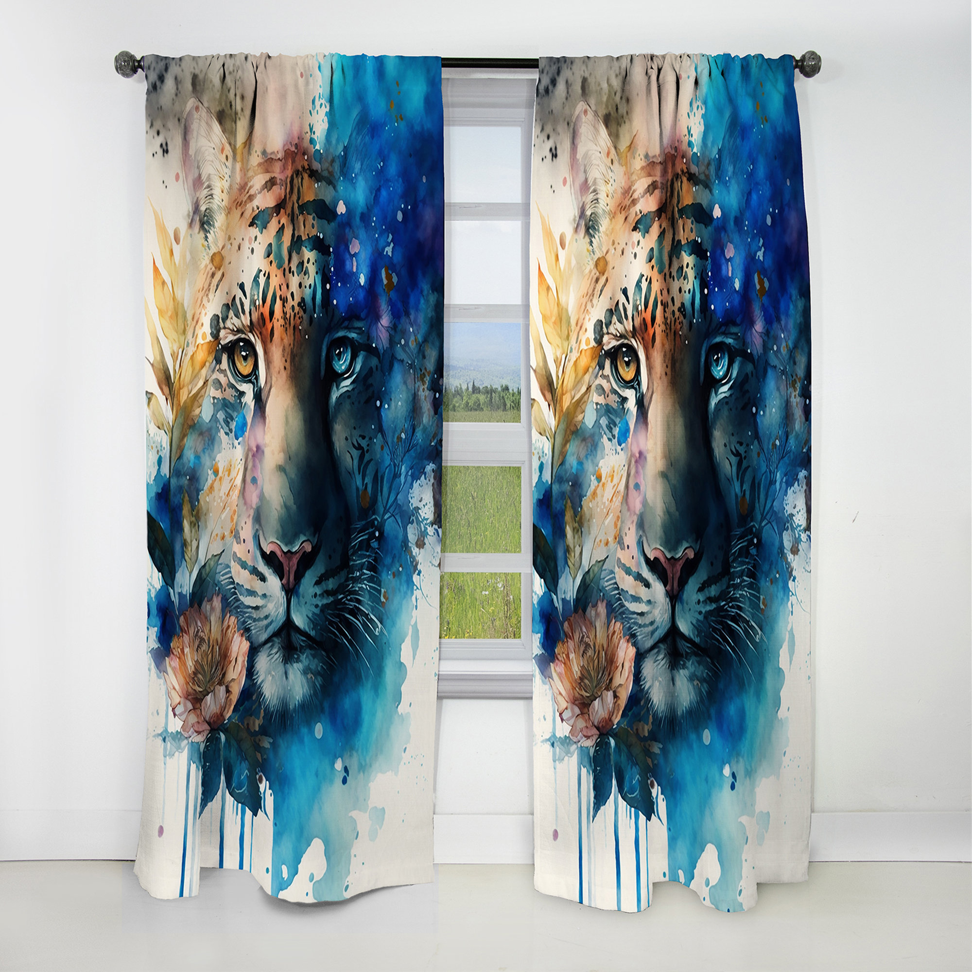 Design Art Tiger Portrait With Flowers II - Tiger Curtain - Blackout ...