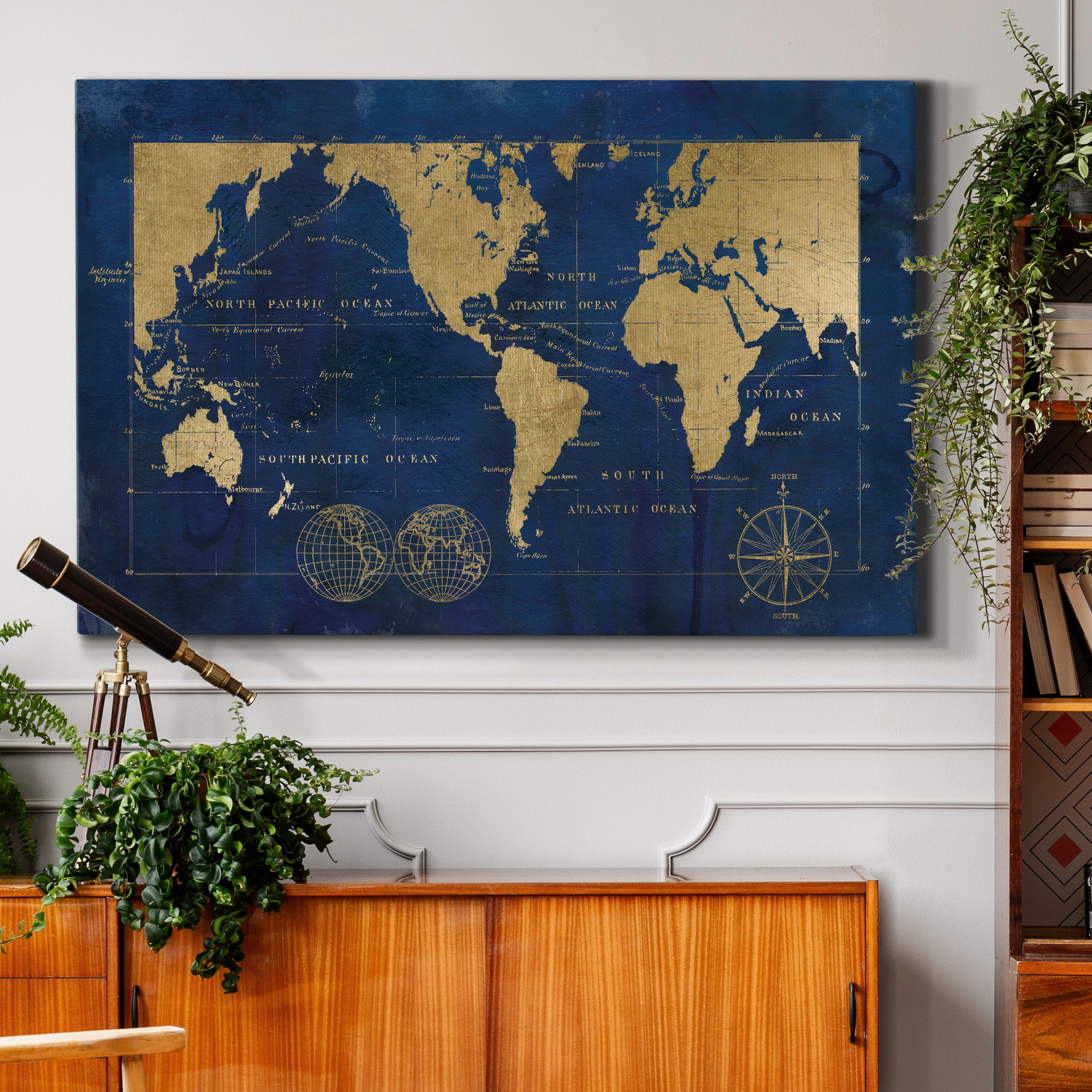 Breakwater Bay Indigo World Map - Wrapped Canvas Print & Reviews | Wayfair