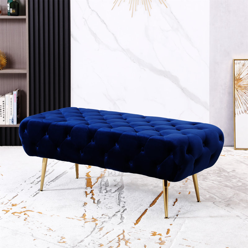 Mercer41 Sira Velvet Button Tufted Bench With Gold Metal Legs | Wayfair
