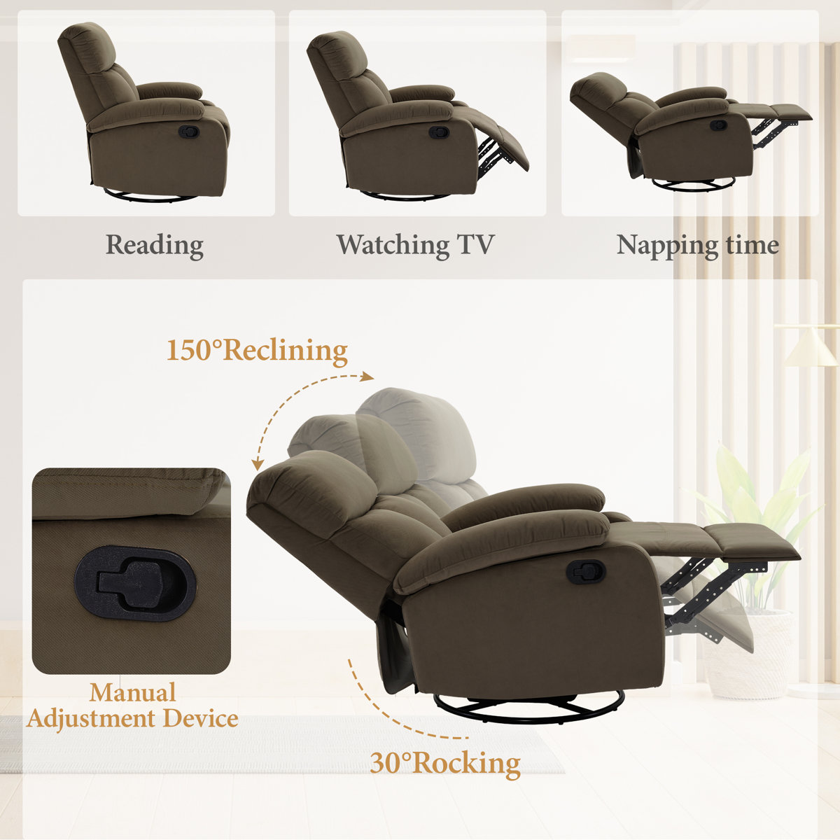 Ebern Designs Velvet Recliner Manual Swivel Rocker Recliner For Adults ...