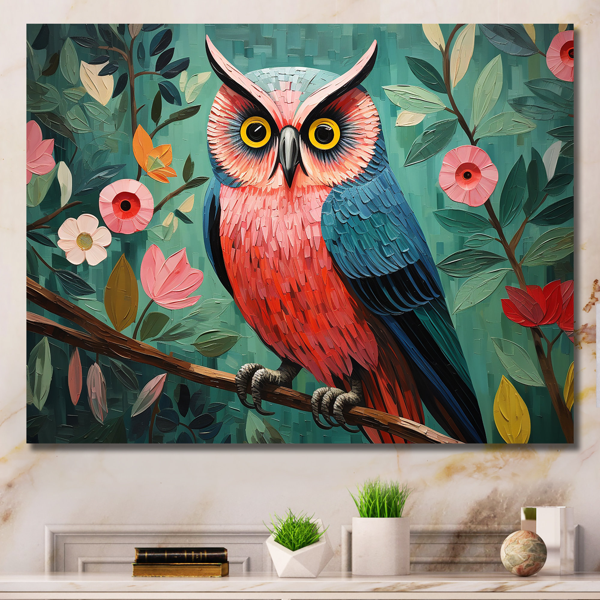 Loon Peak® Blue and pink Owls gaze floral forest I - Owl Framed Prints ...