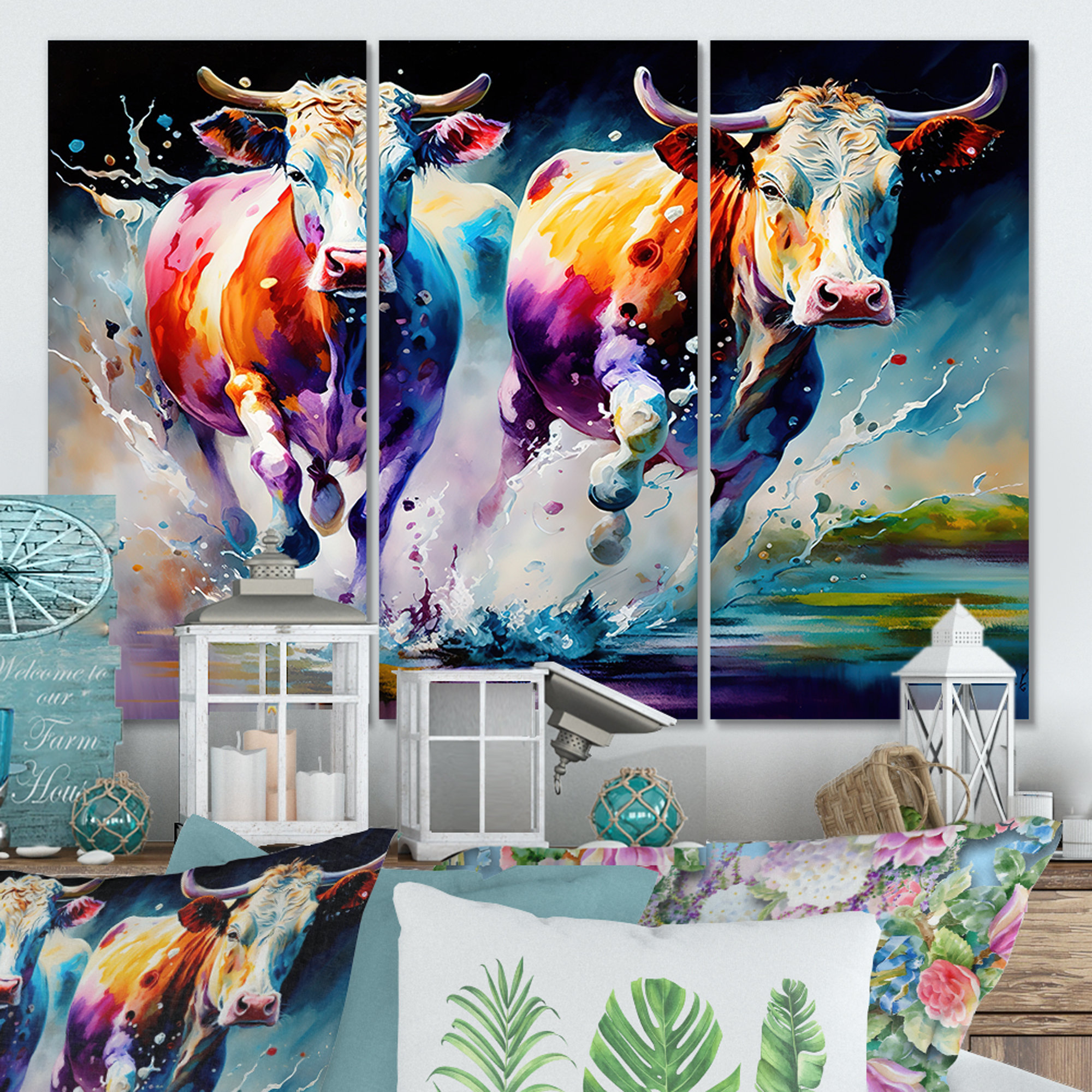 Union Rustic Cows Running II - 3 Piece Print on Canvas | Wayfair