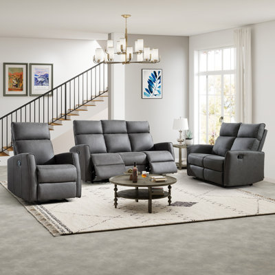grey material sofas