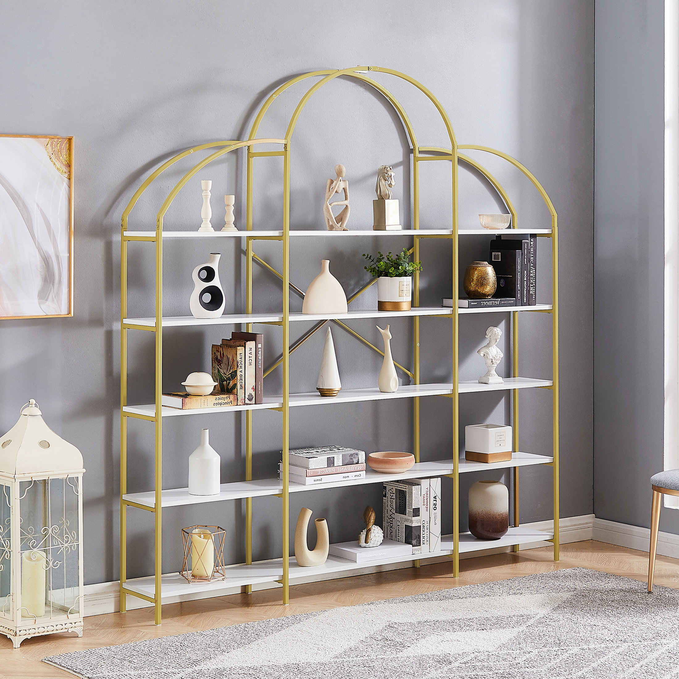 Latitude Run® Chic 74.8" 5-Tier Office Bookshelf with Round Top & Gold ...