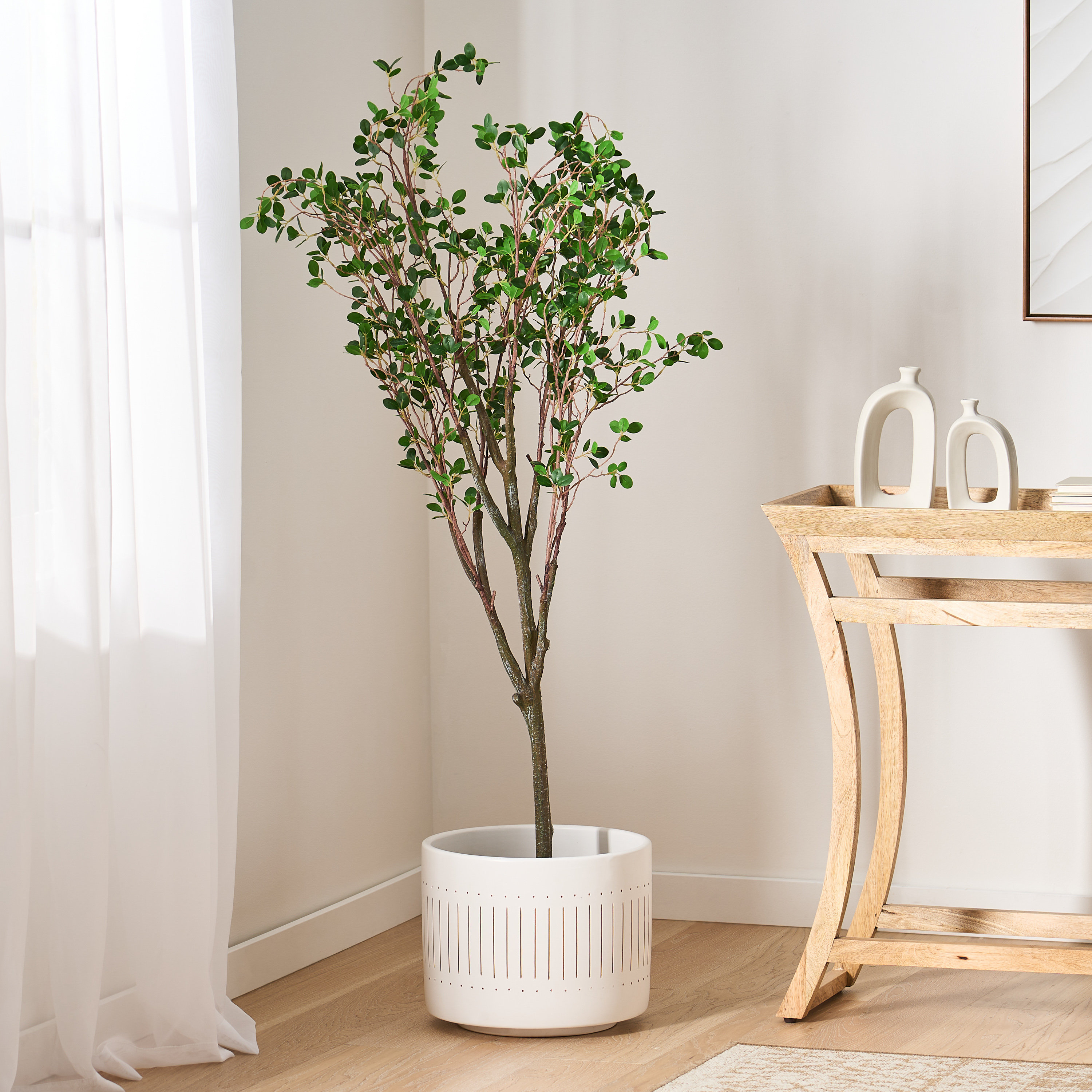 Primrue Tall Artificial Ficus Tree in Pot, Faux Indoor Plant Decor for ...