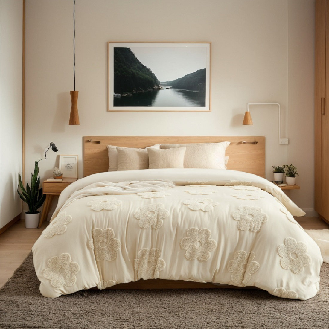 Nayoroom Comforter Set Floral Beige Flower Tufted Bedding Comforter Set ...