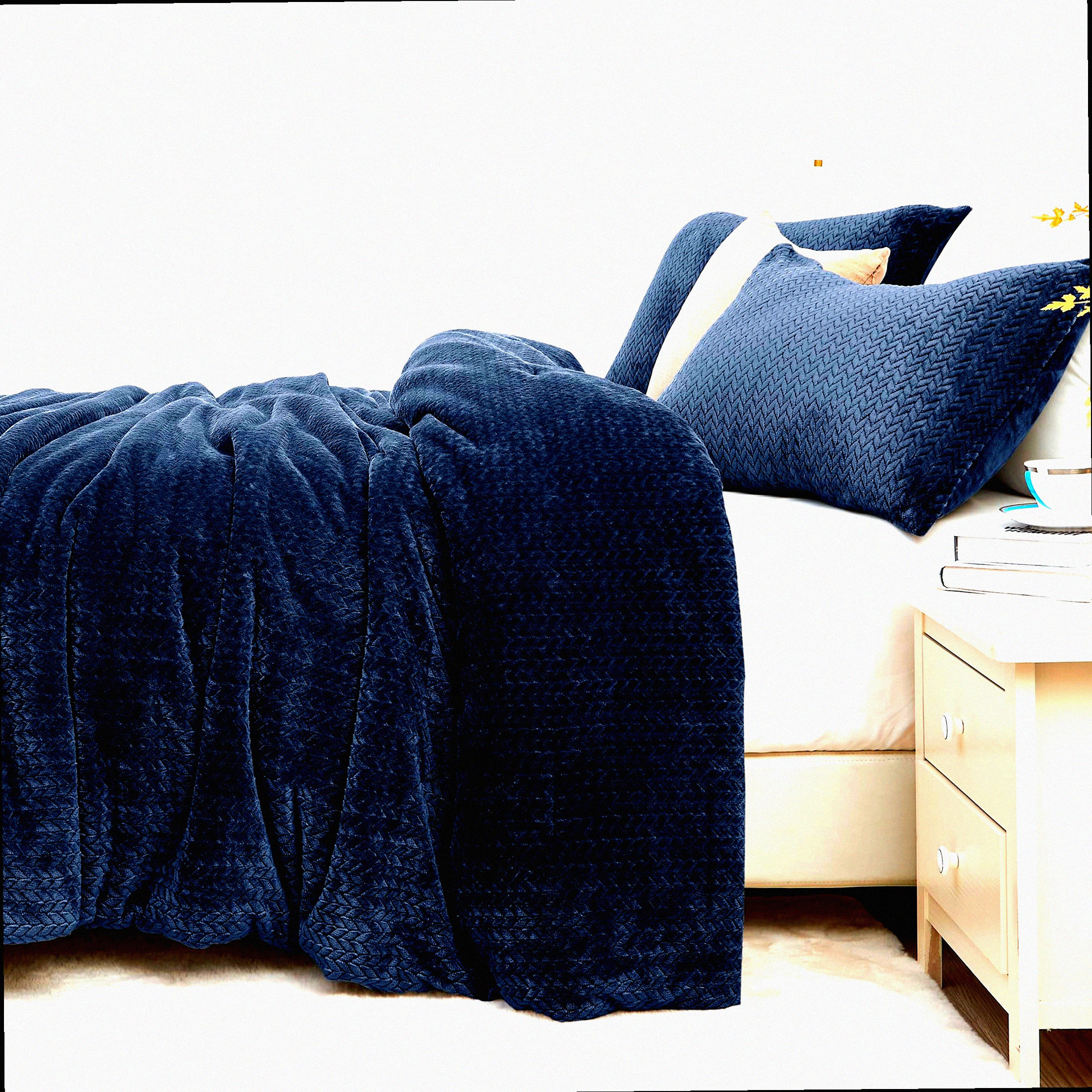 Everly Quinn Navy Velvet Leaves Comforter Set - Winter Ultra Soft Fuzzy ...