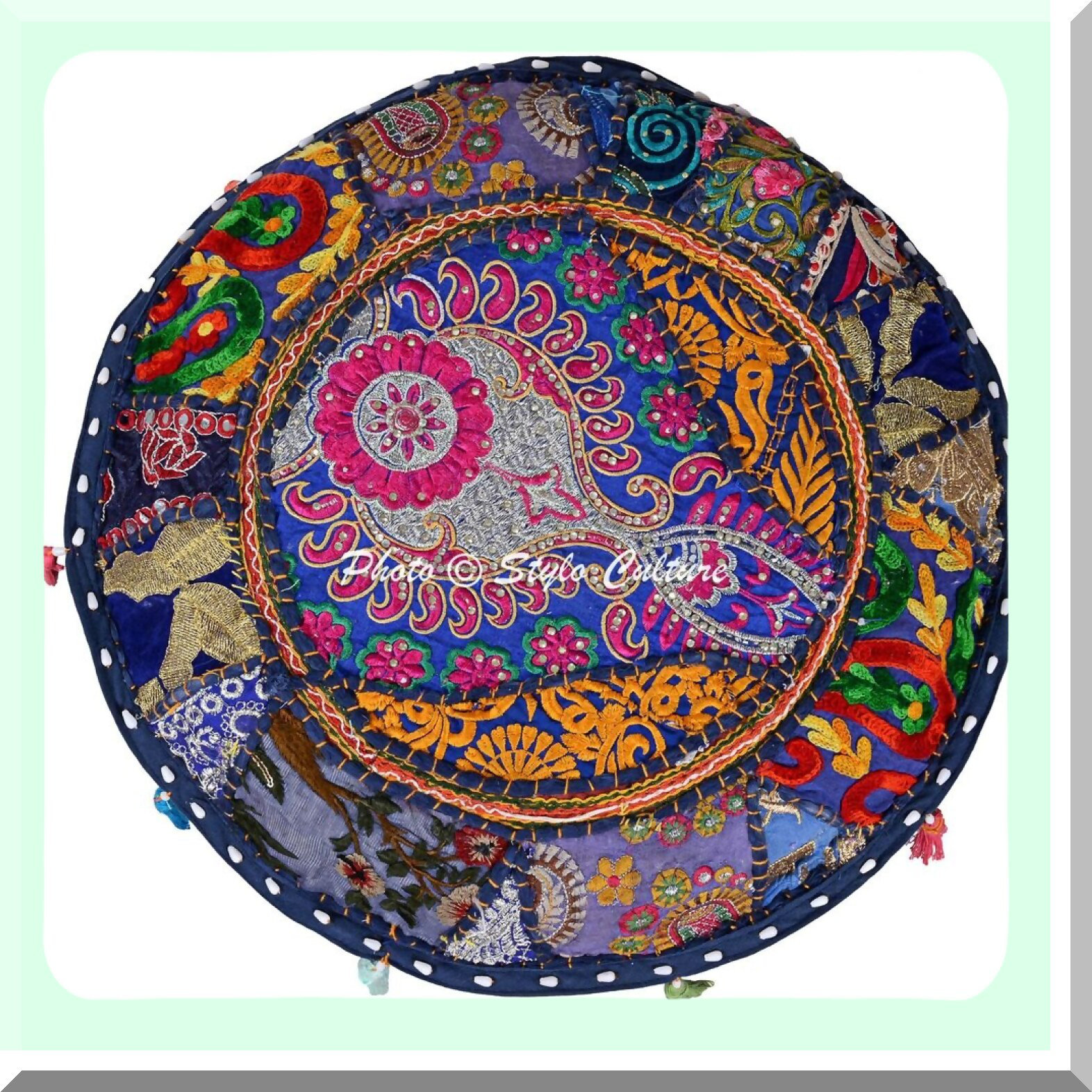 BRBCA Blue Floral Embroidered Pouf Cover - Traditional Ottoman ...