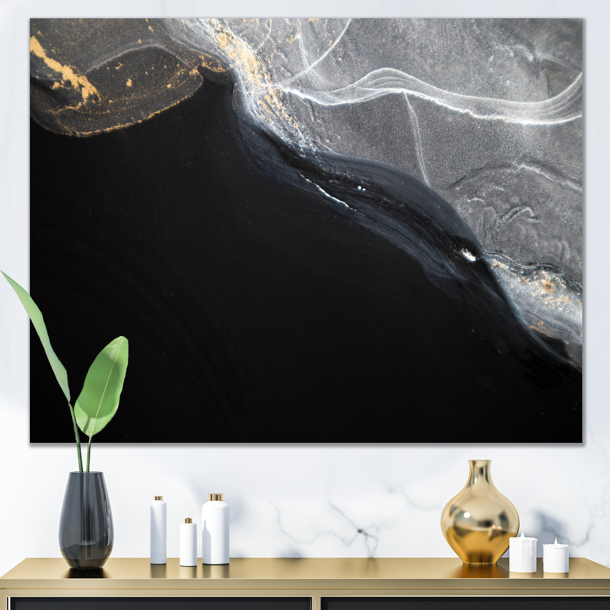 Mercer41 Gloden Black And Grey Marble Art Ripples - Modern Canvas Wall ...