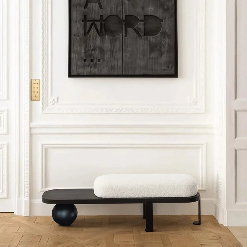 Everly Quinn Wooden Entryway Bench Boucle Upholstered with Abstract ...