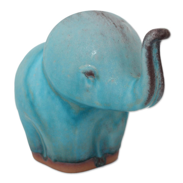 Novica Duangkamol Turquoise Elephant Child Celadon Ceramic Figurine ...