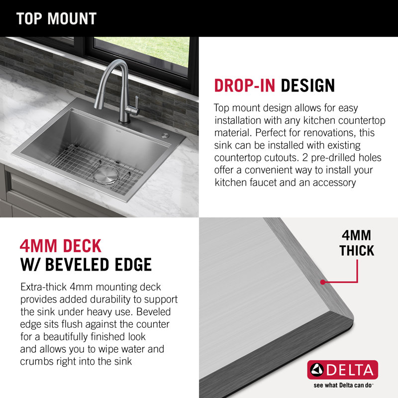 Delta Rivet™ 25" L Workstation Kitchen Sink Drop-In Top Mount 16 Gauge ...