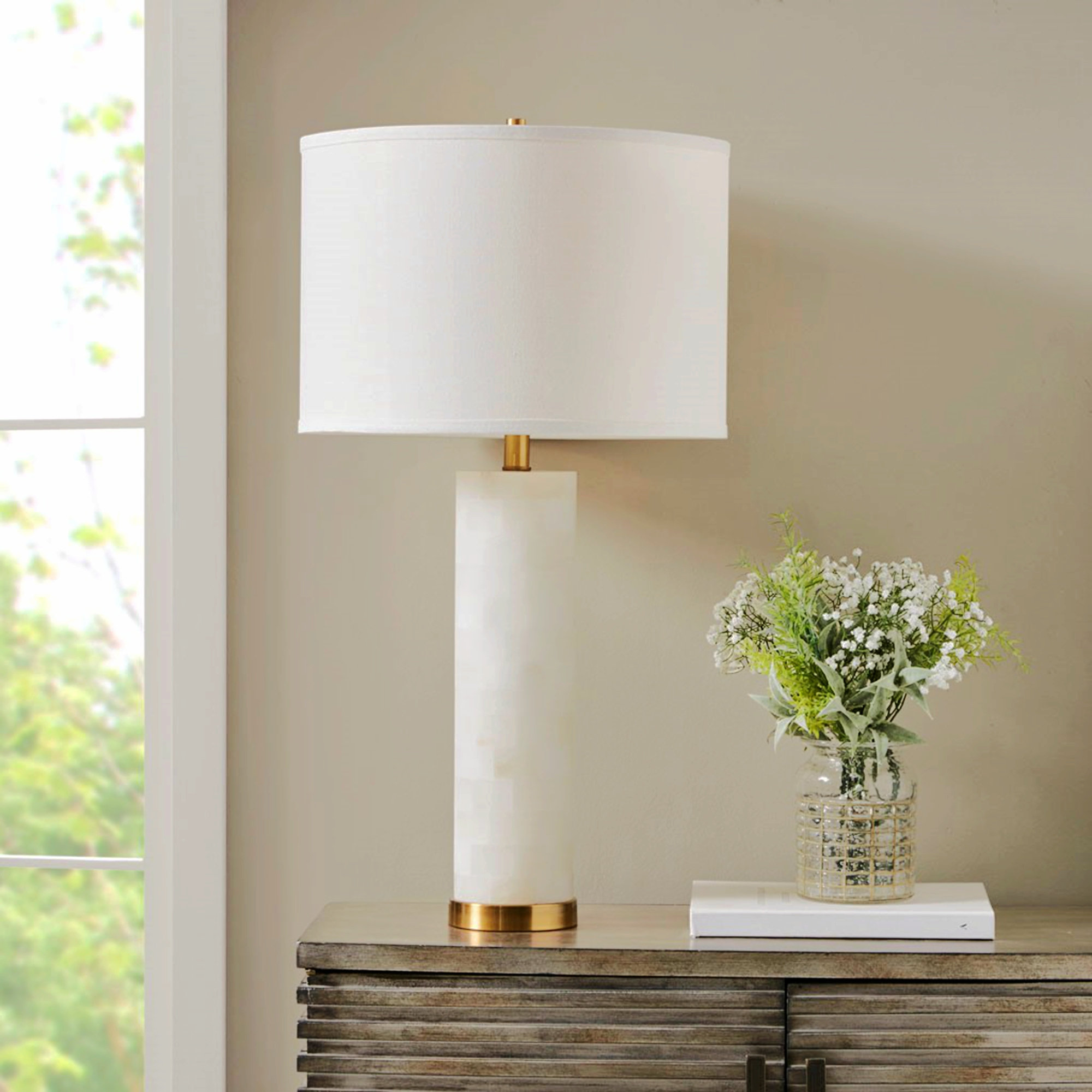 Everly Quinn Houchens Alabaster Table Lamp with Alabaster Base and ...