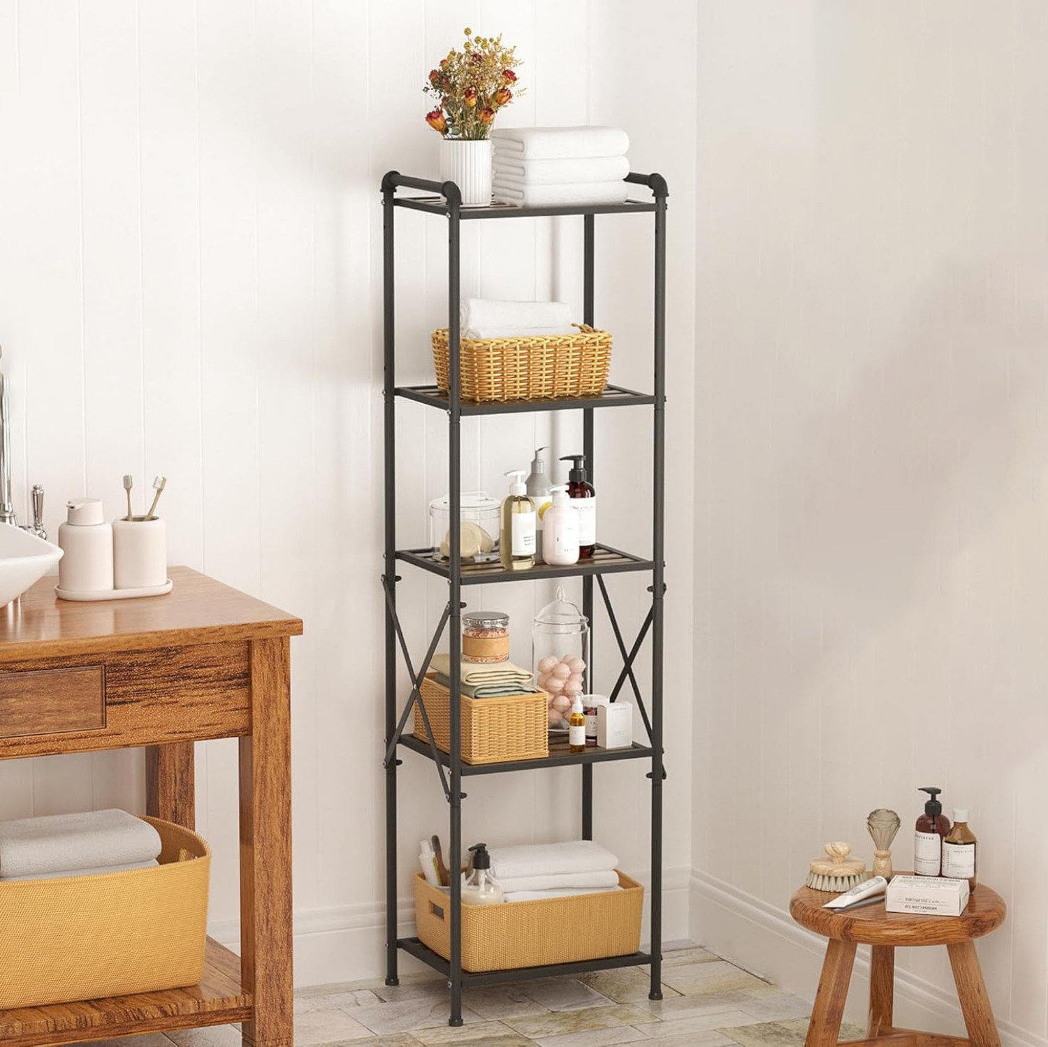 17 Stories 5 Tier Bathroom Shelves Free Standing Shelf Unit | Wayfair