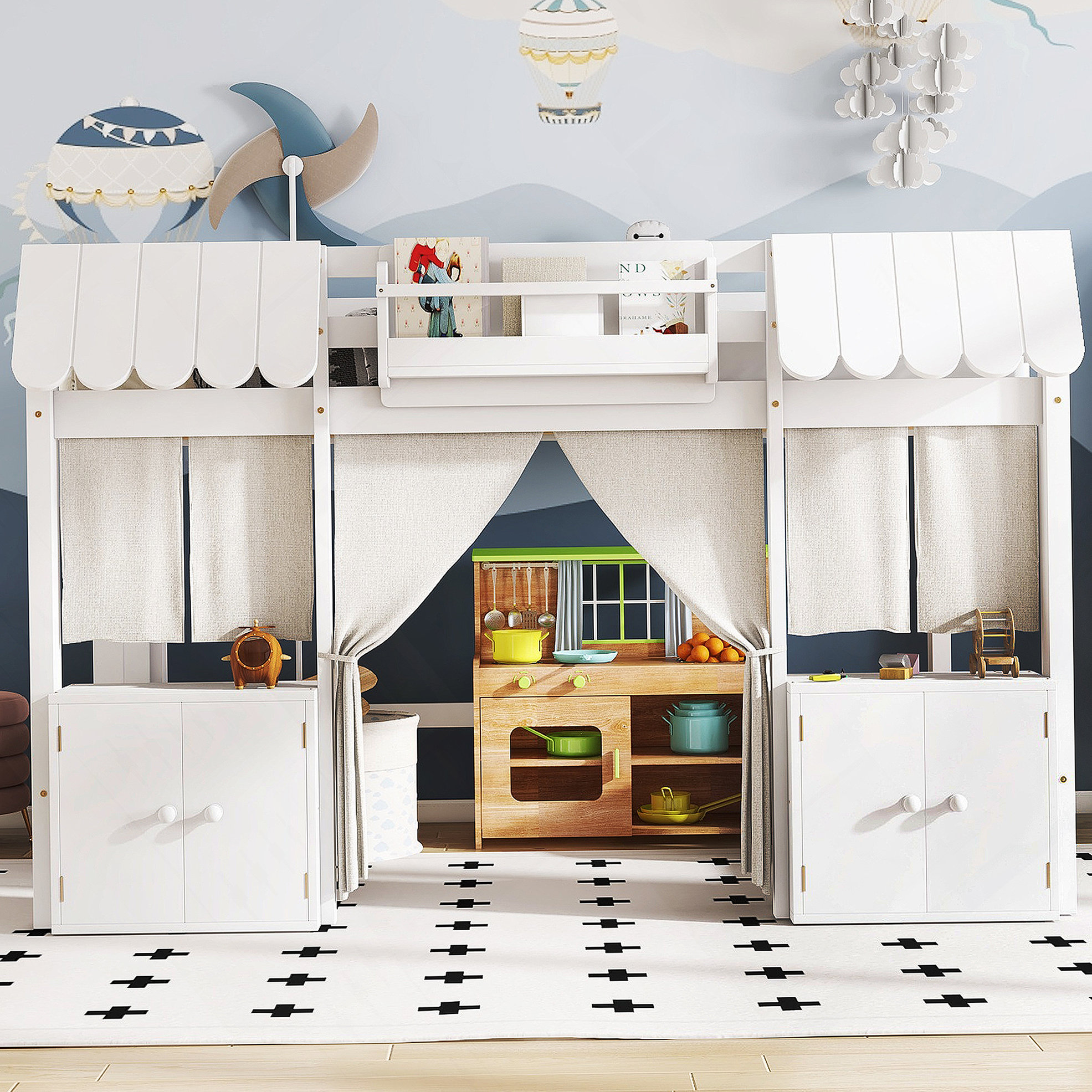 Latitude Run® Full Loft Bed With Built-In Bookshelf, Curtain, And ...