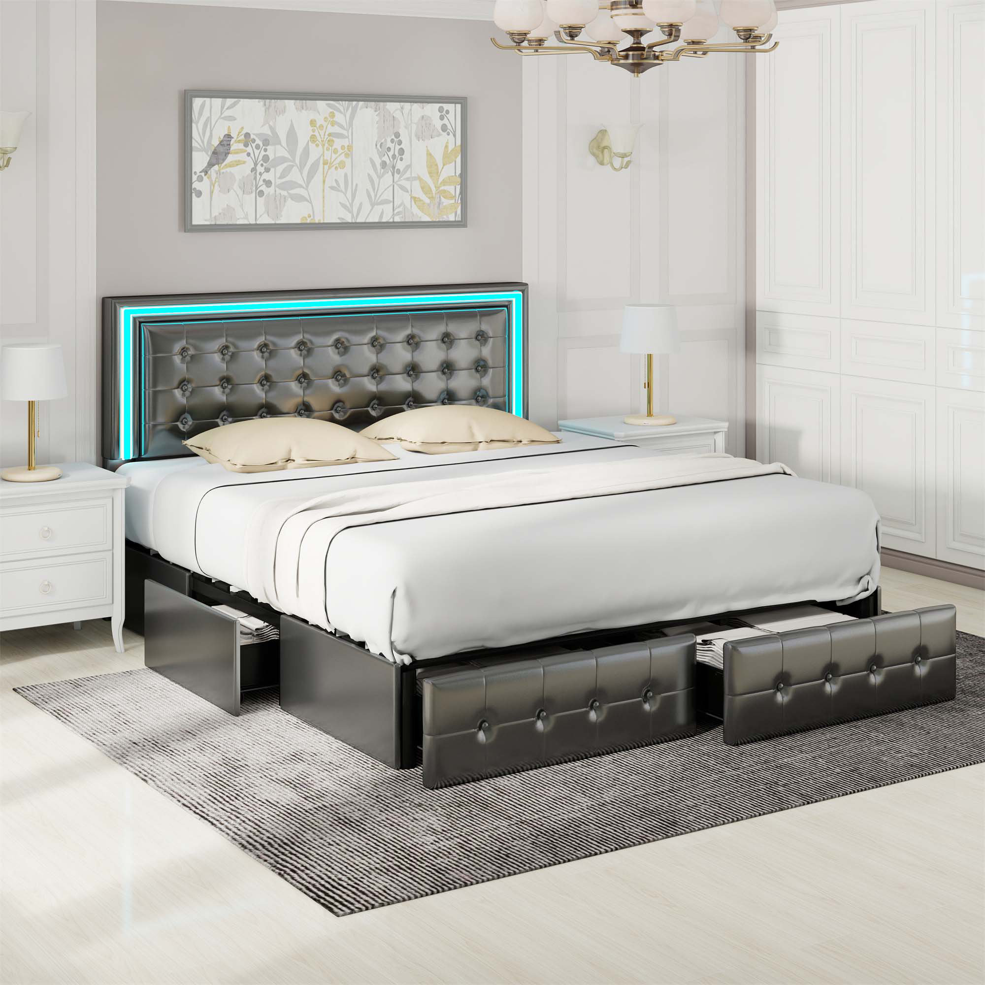 Ivy Bronx Size Led Bed Frame With 4 Storage Drawers Smart Control Rgb ...