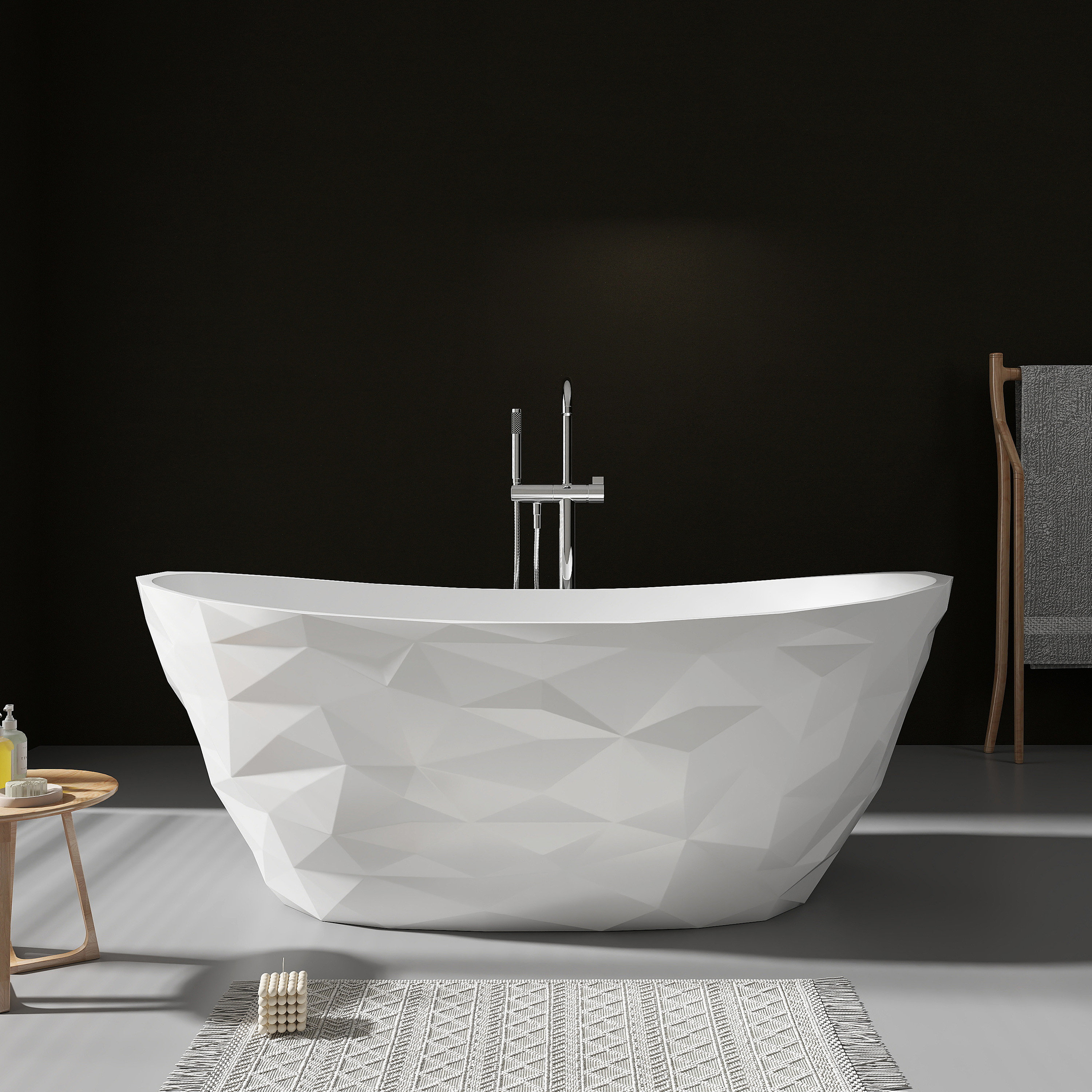 SJ STAR&JANE 64" Freestanding Solid Surface Tub With Sculpted Geometric ...