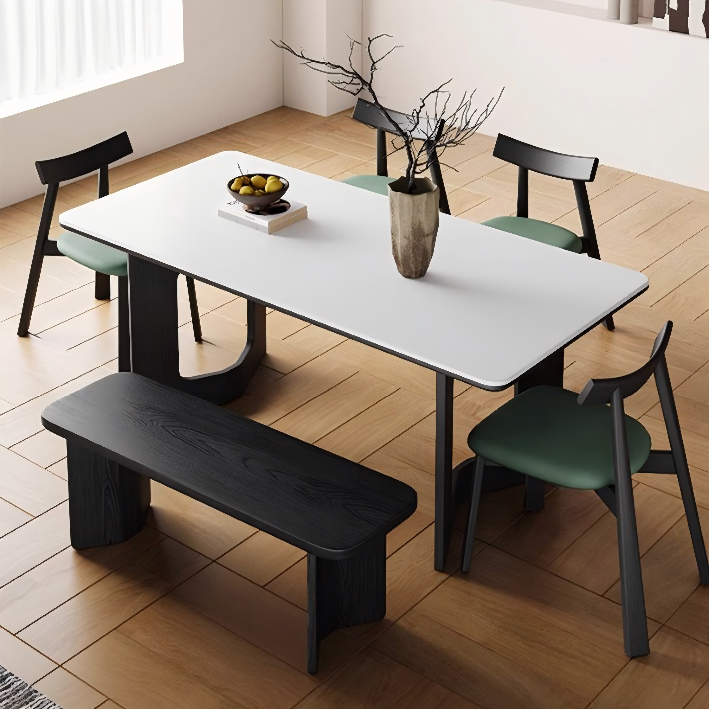 Corrigan Studio® Rectangular Retro Sintered Stone Solid Wood Dining Table and Chair Set,4-Chairs ...