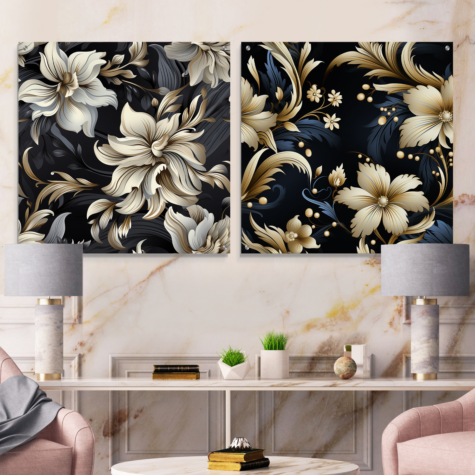 Design Art Deep Black Silver Flowers Elegance - Fashion Acrylic Wall ...