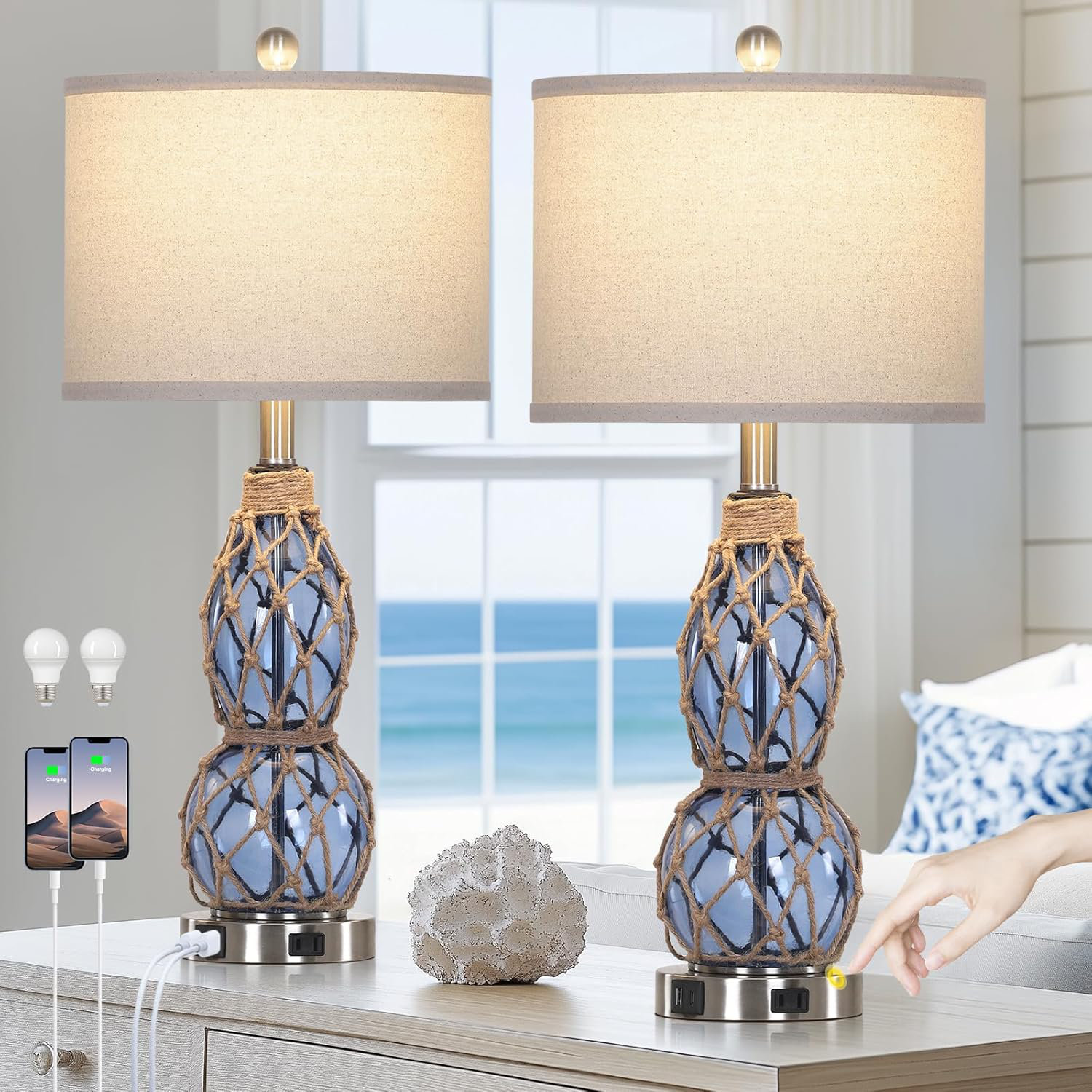 Longshore Tides Nautical Glass & Rope Table Lamps Set, 3-Way Dimmable ...