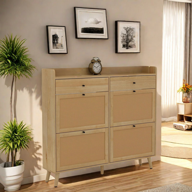 Bayou Breeze Shoe Cabinet With 4 Natural Rattan Flip Drawers & 2 Drawer ...