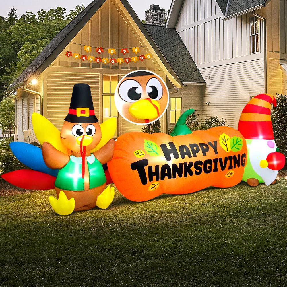 The Holiday Aisle® 8FT Inflatable Turkey Gnome,Thanksgiving Banner ...