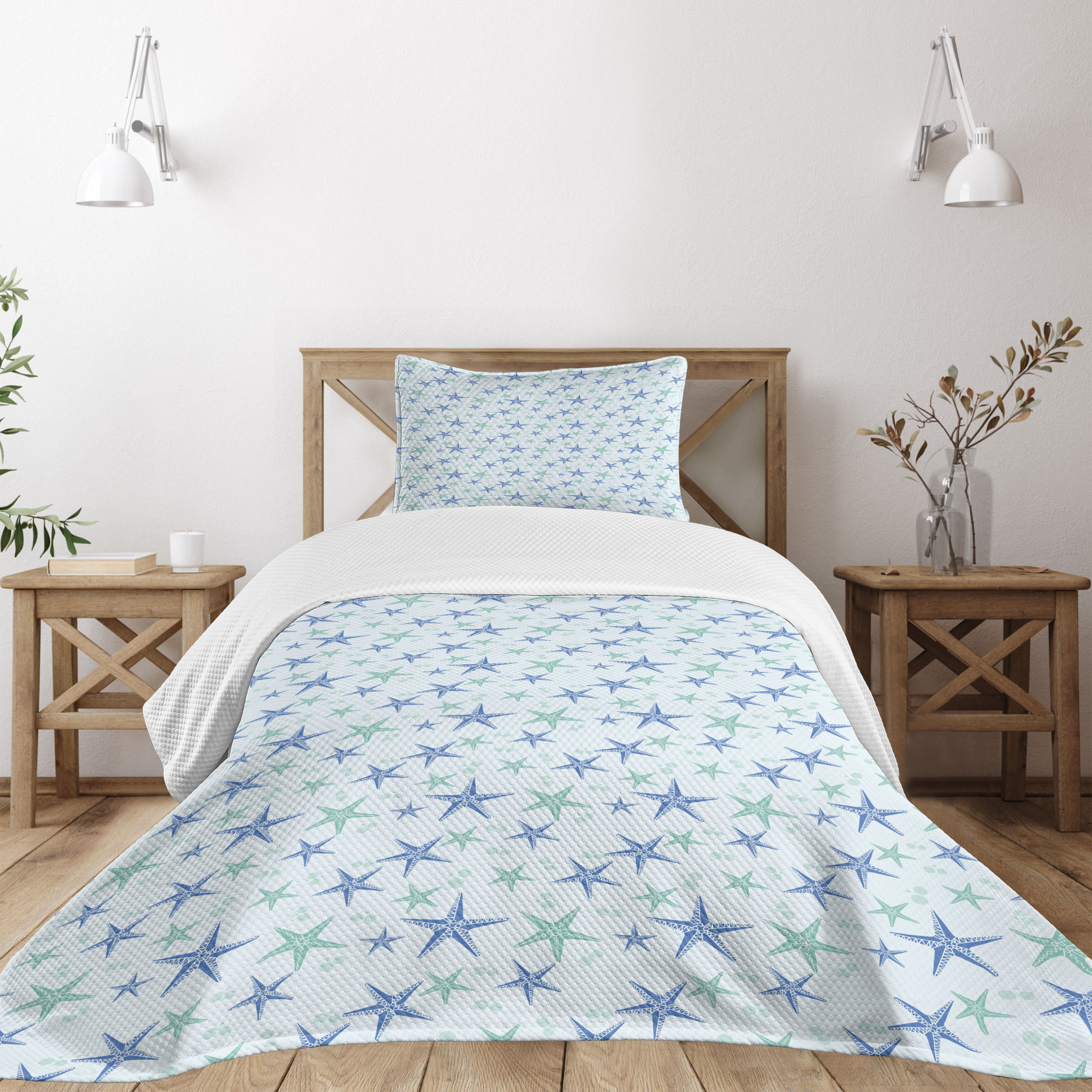 Ambesonne Starfish Bedspread Set Nautical Theme Starfish Almond Green ...