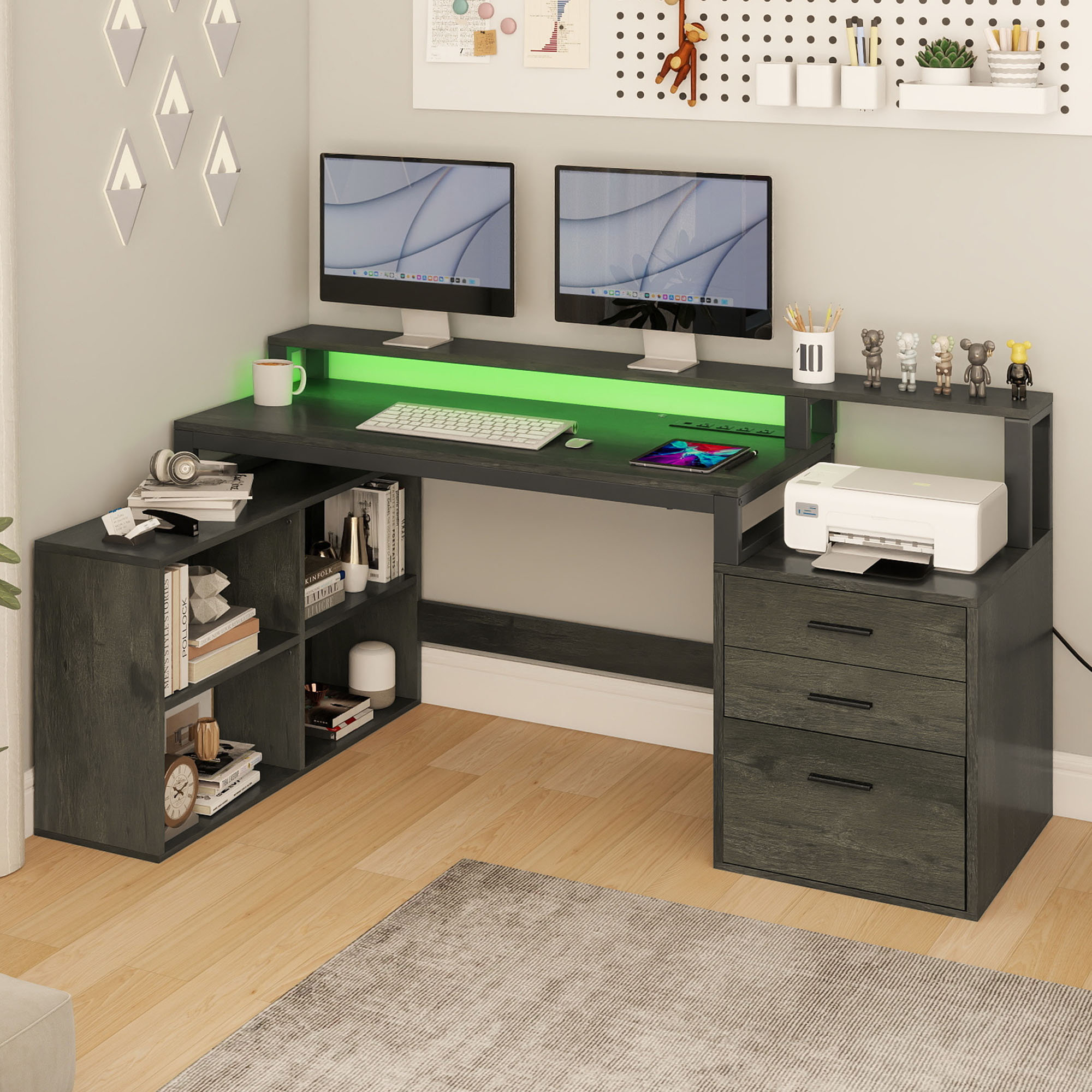 Wrought Studio 65'' L Shaped Desk With Power Outlets, LED Light ...