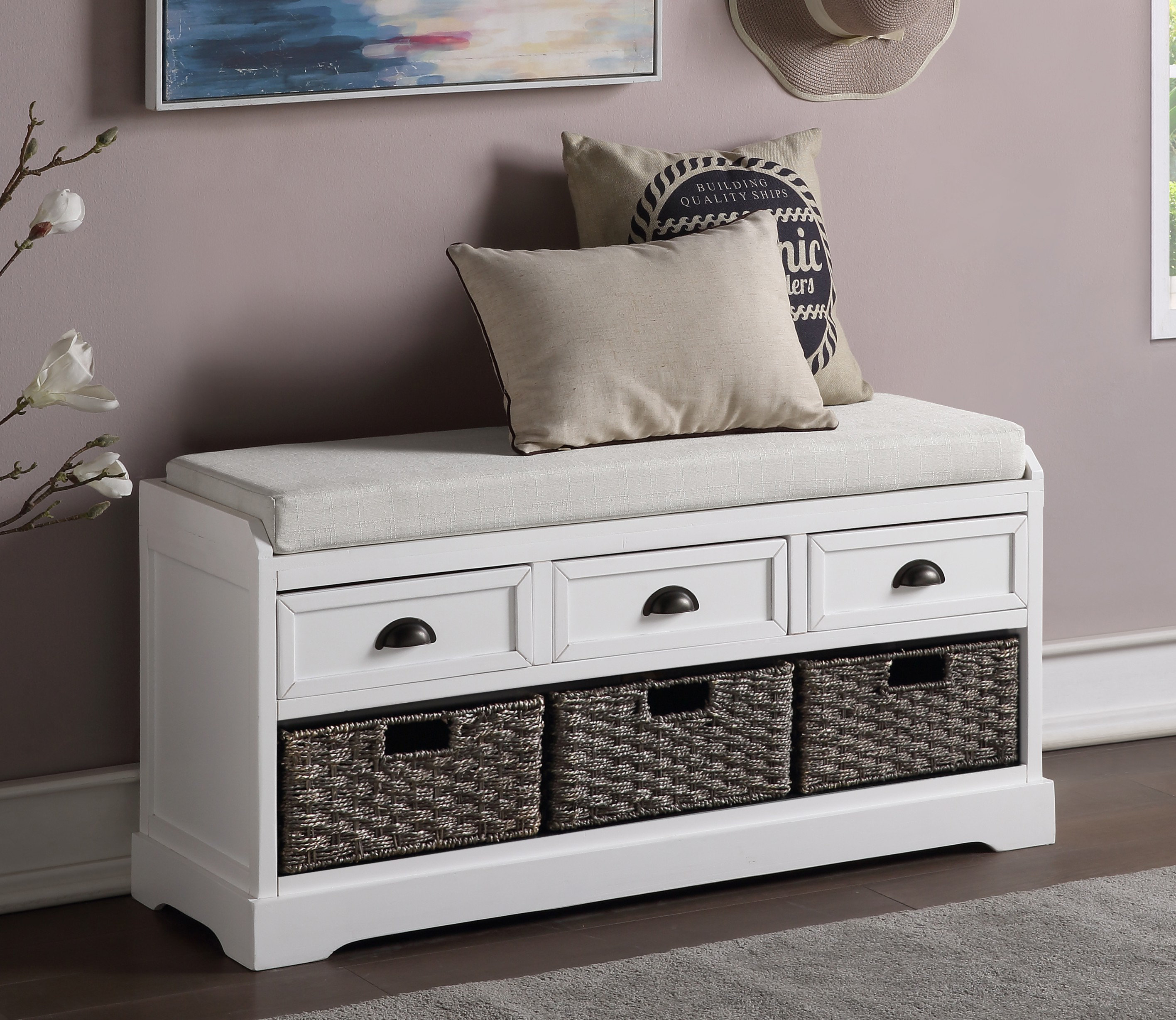 One Allium Way® White Wood Storage Bench with 3 Drawers & 3 Baskets ...