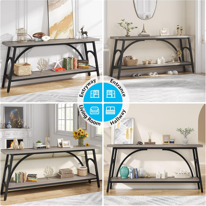17 Stories 70.8 -inch sofa table, 2 -story TV rack, with black steel ...