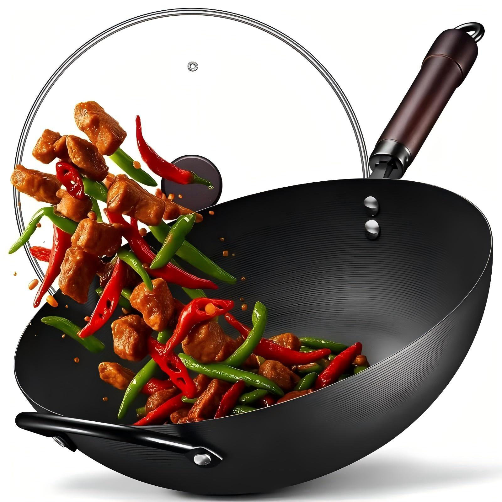 HENGANRUI Carbon Steel Woks & Stir-Fry Pans Nonstick, Pre-Seasoned 5 ...