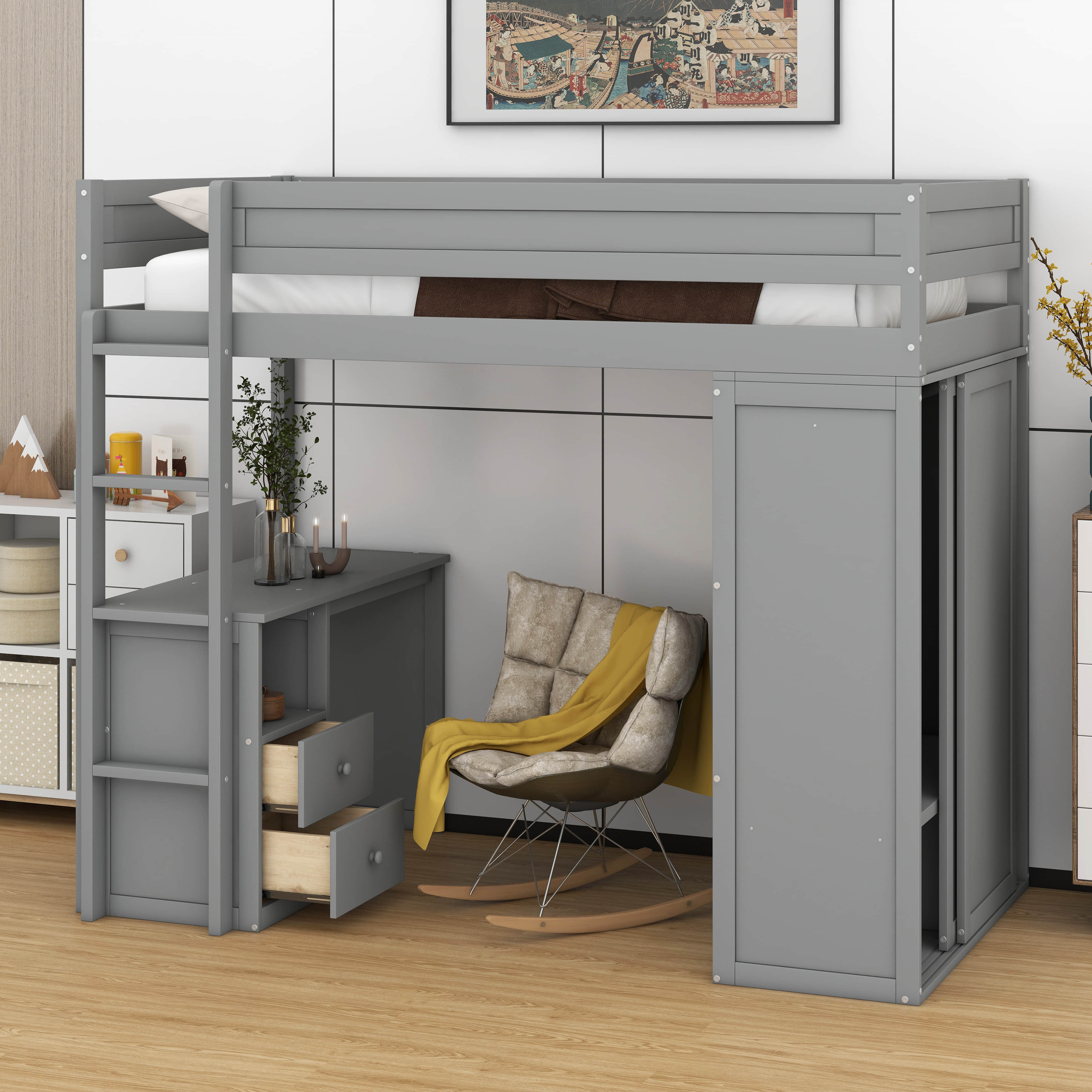 Latitude Run® Solid Wood Loft Bed Frame With 2 Storage Drawers Cabinet ...