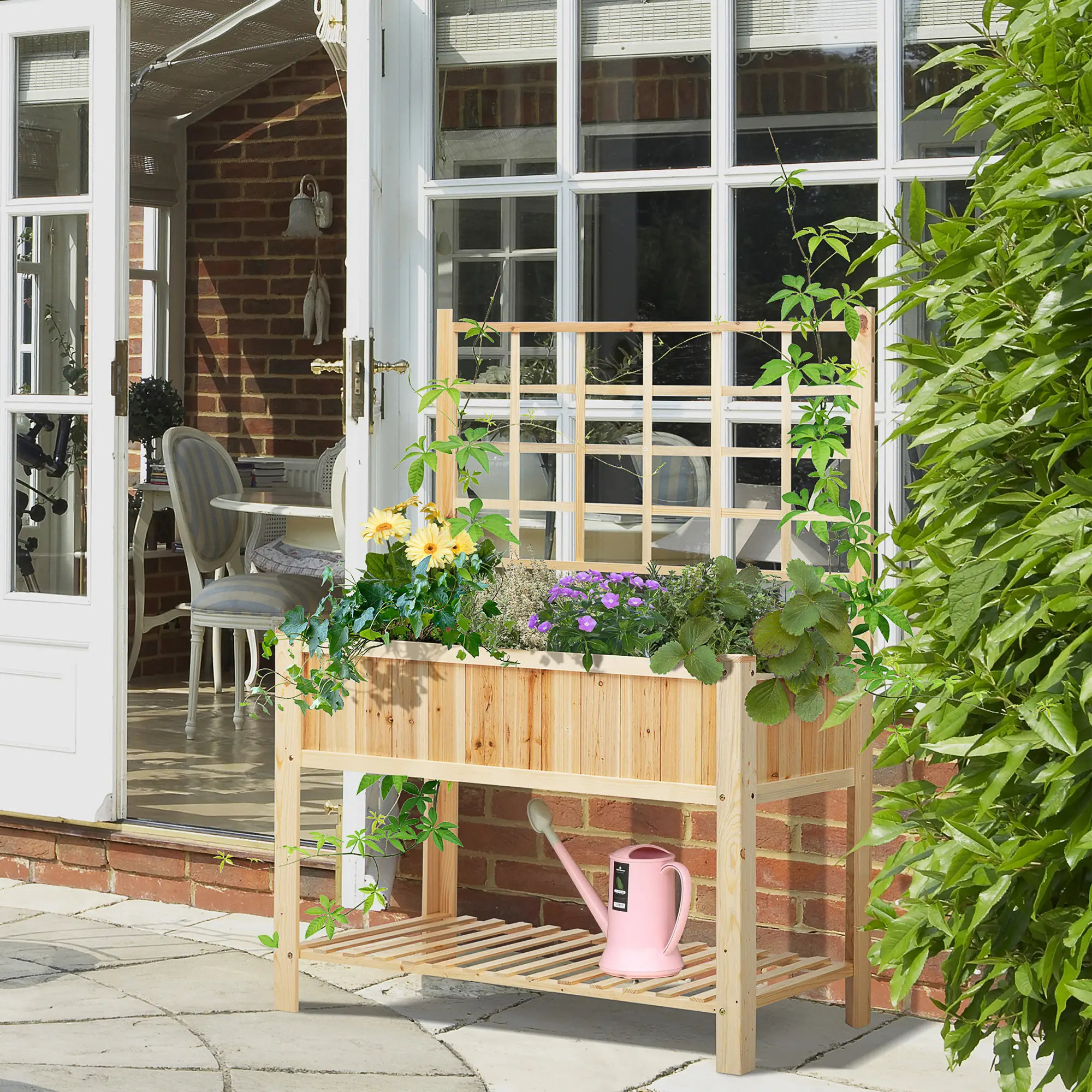 Arlmont & Co. Wooden Garden Bed - Trellis, Storage Shelf for Flowering ...