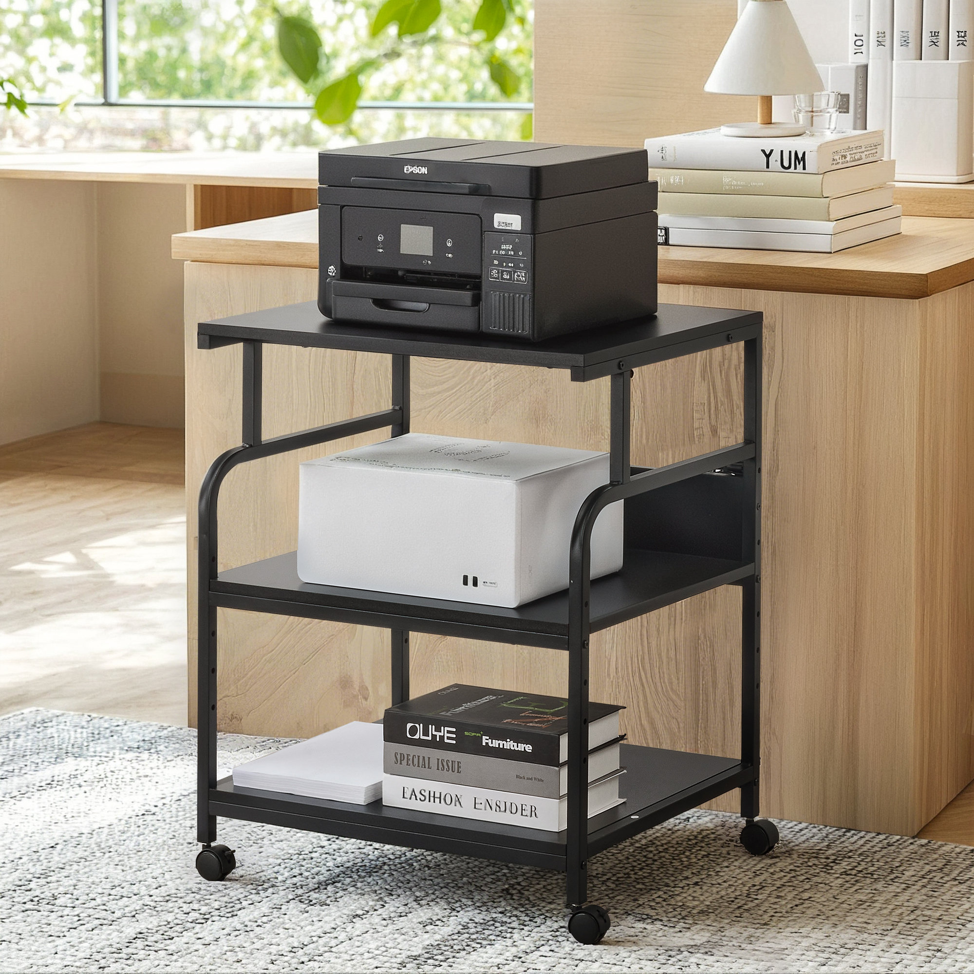 Vecelo 3 Tier Large Printer Stand With Wheels Power Outlet Usb Port ...