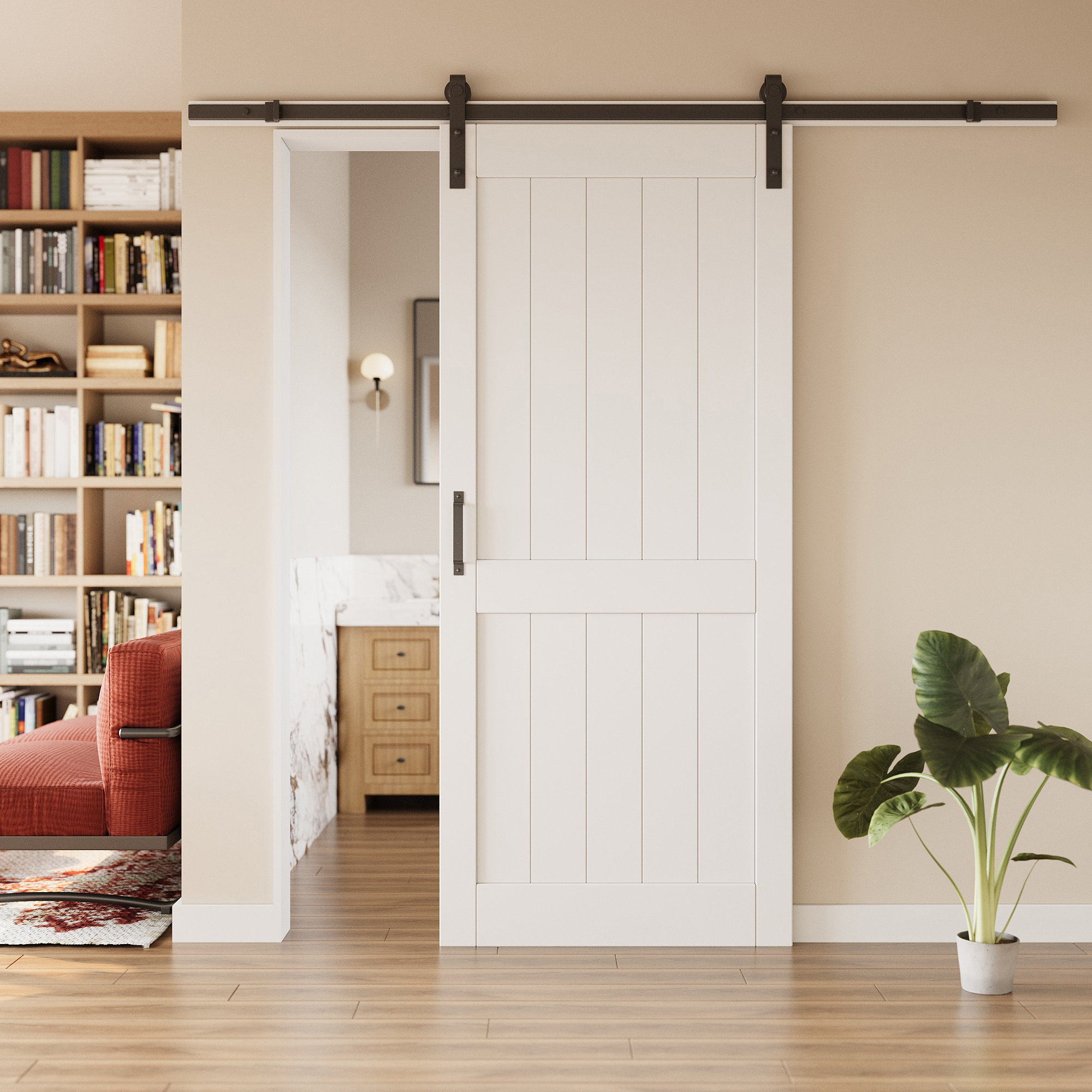 HOZONE Paneled Manufactured Wood Primed Barn Door with Installation ...