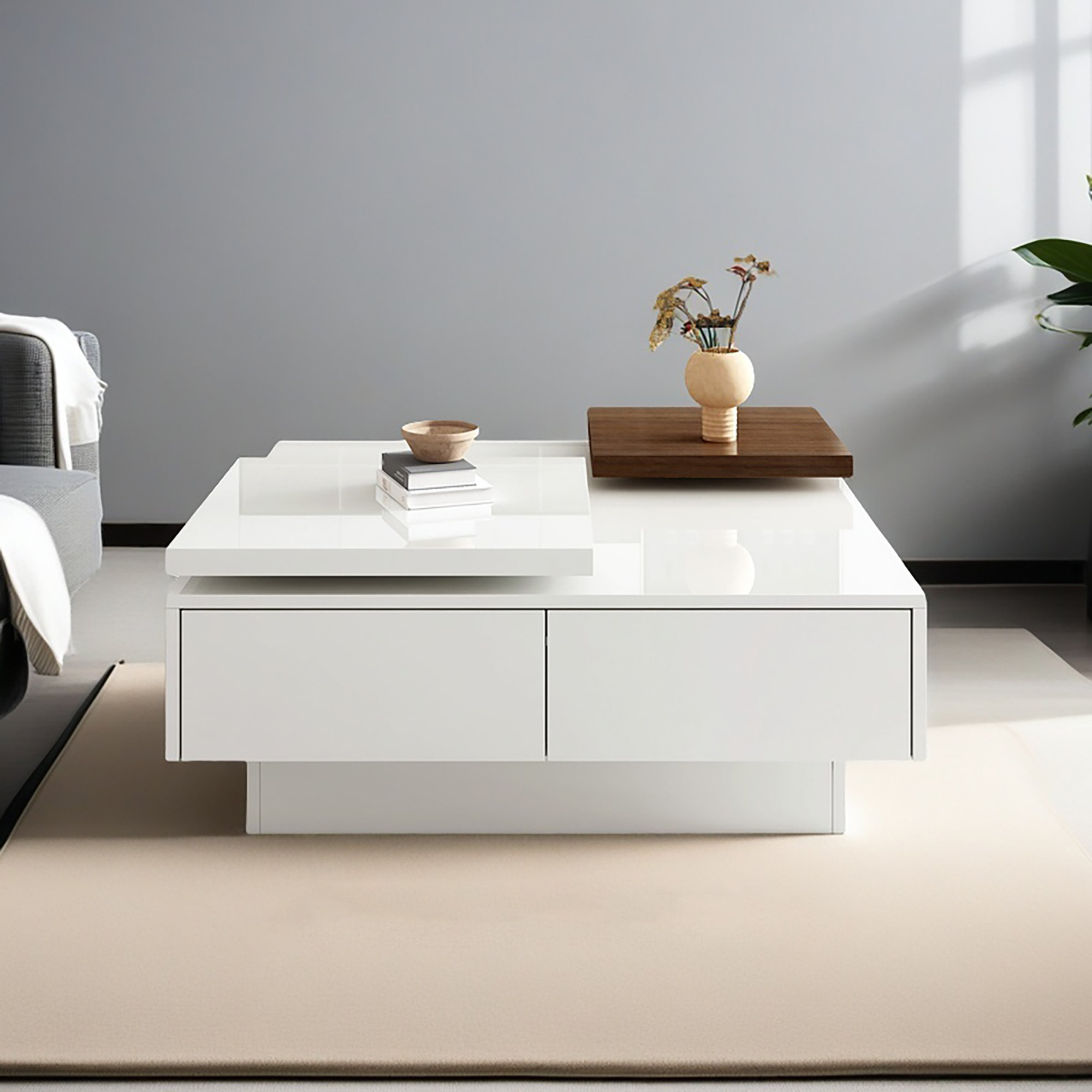 Latitude Run® Movable Top Coffee Table, Modern Square Wood Coffee Table ...