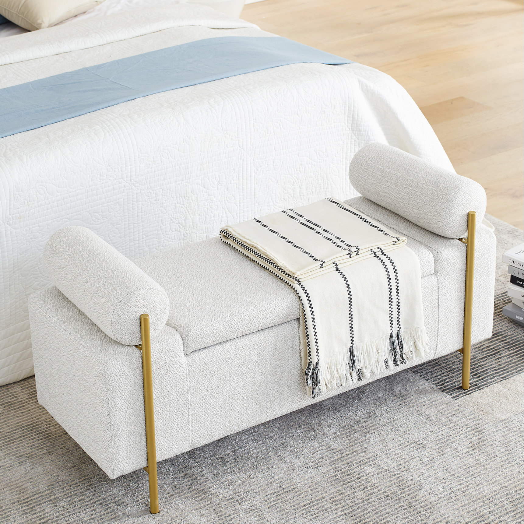 Mercer41 White Upholstered Bench With Internal Storage And Iron Legs ...