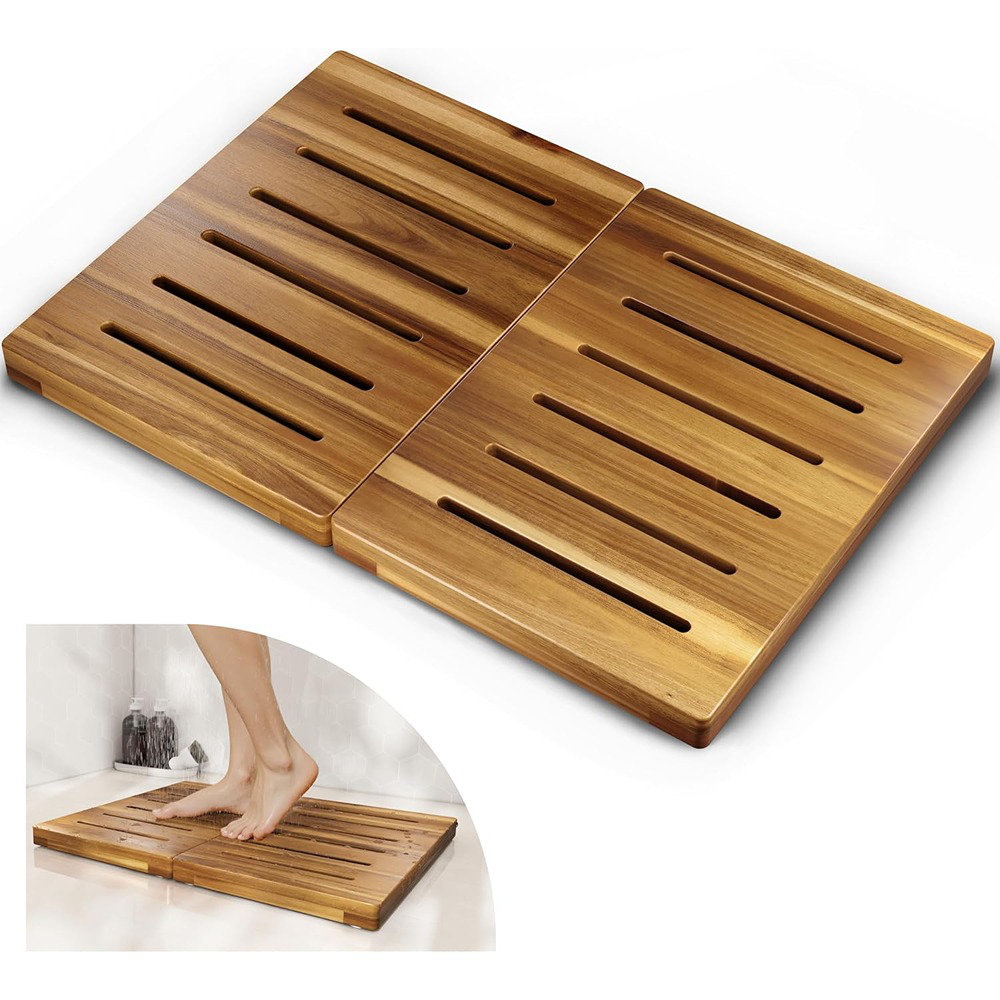 Ebern Designs Wood Bath Mat, 16.6'' X 24'' Foldable Acacia Shower Mat ...