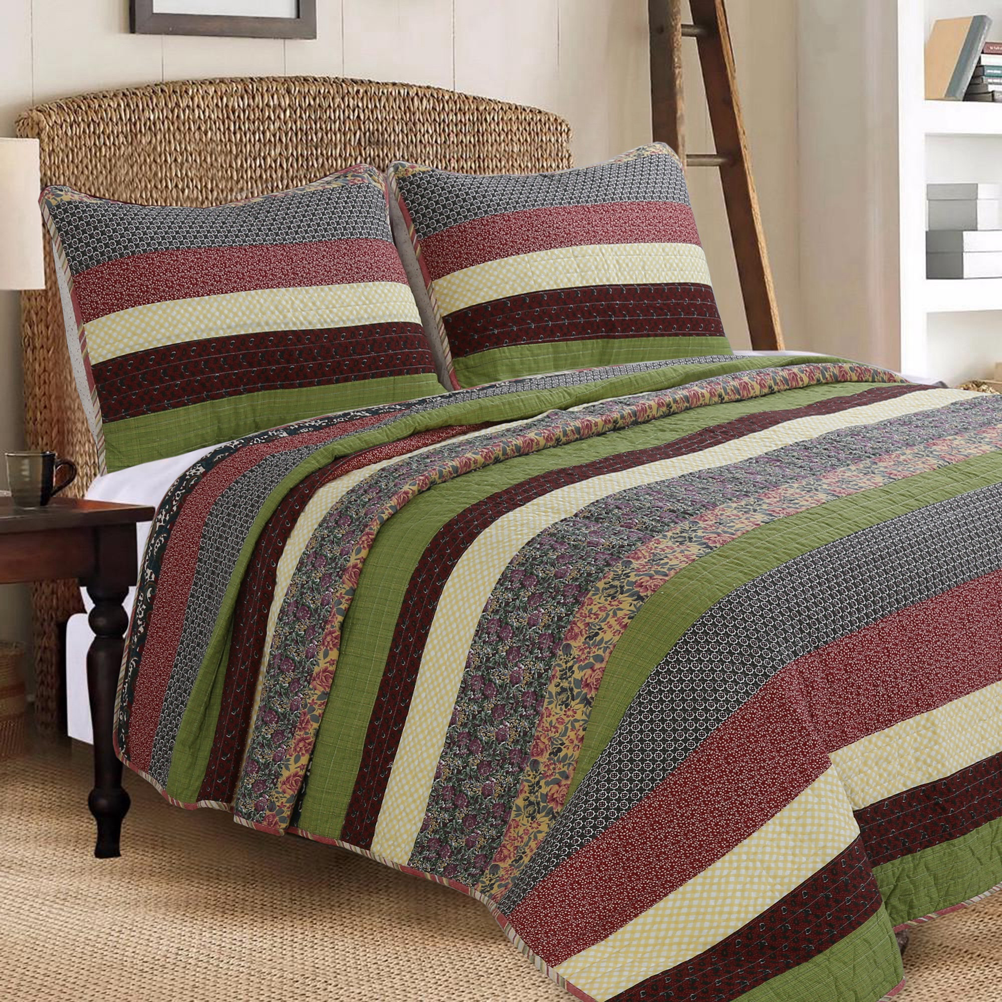 Cozy Line Home Fashion Melanie Green/Brick Red Cotton Reversible 3 ...