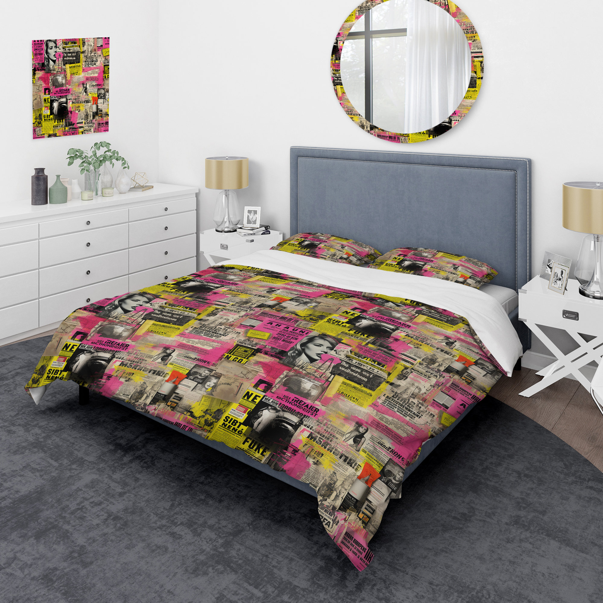 Design Art Popart Neon Pink Newspaper Collage I Duvet Cover Set | Wayfair