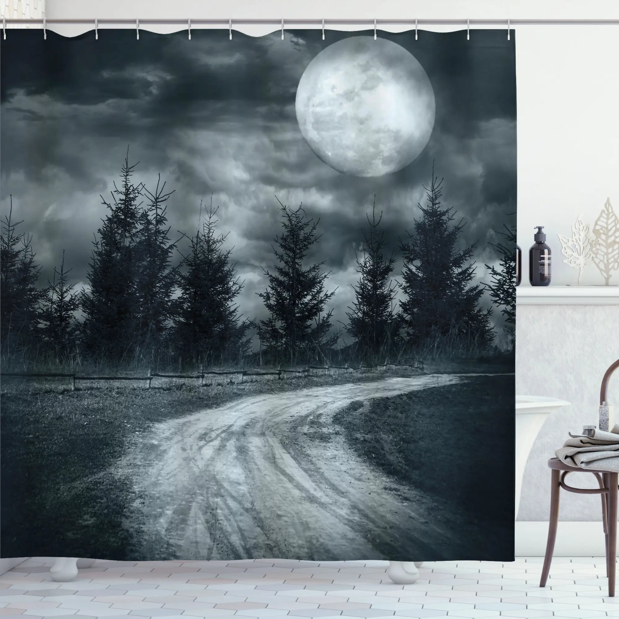 Ambesonne Horror House Moonrise Magic Landscape with Empty Rural Path ...