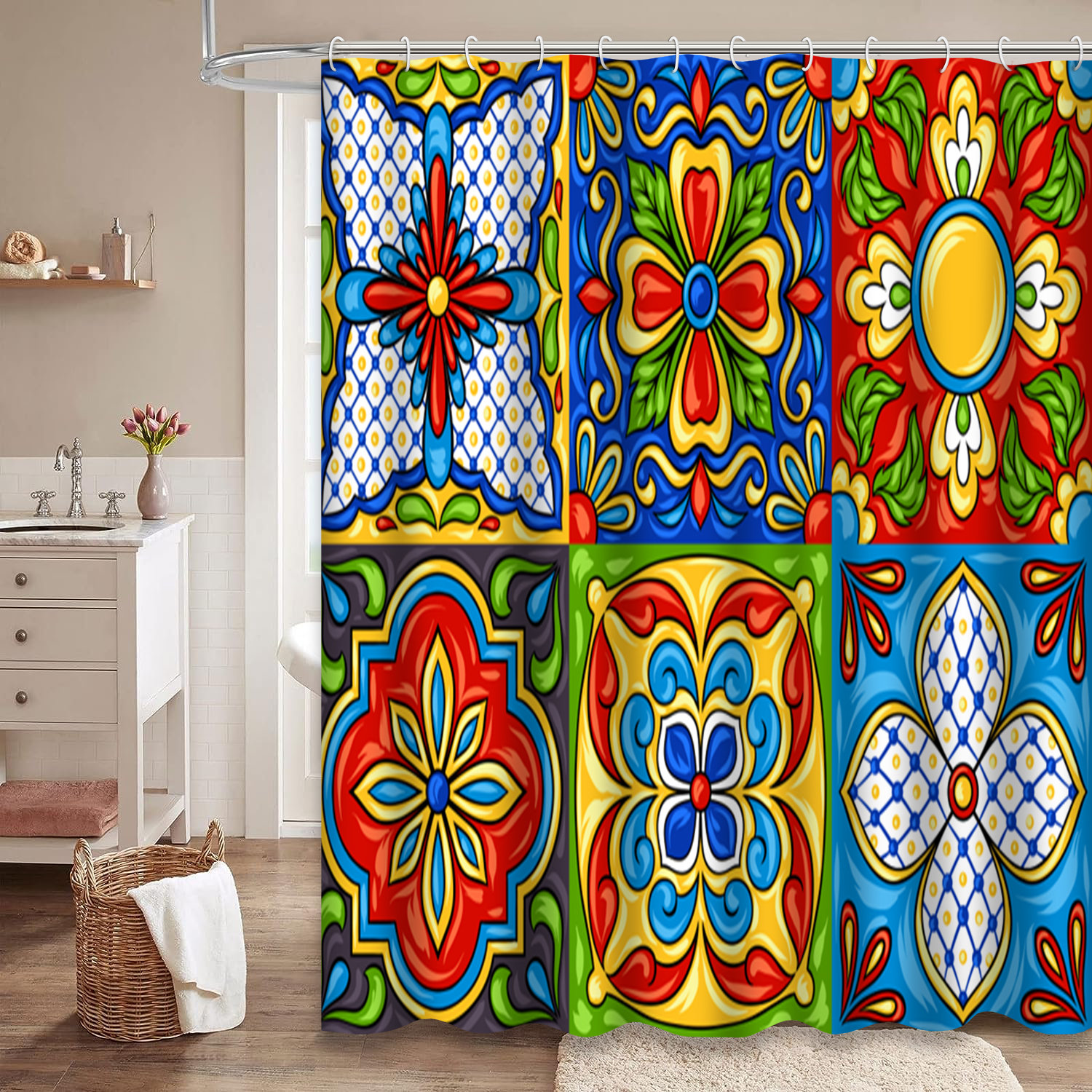 East Urban Home Pottery Spanish Waterproof Shower Curtain,Mexican Tile ...