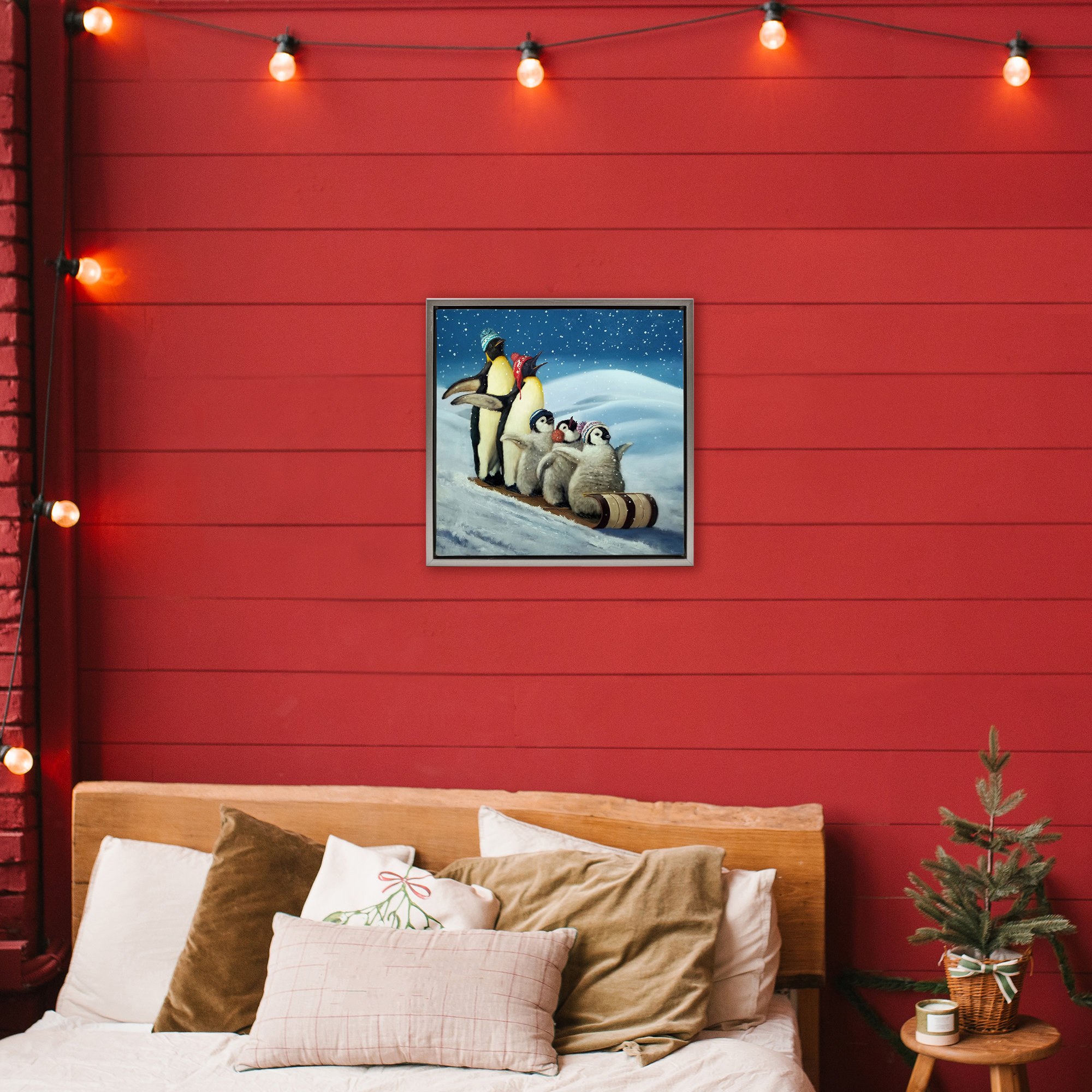 Union Rustic Sleigh Ride Snowy Penguins Floating Frame, design by Lucia ...