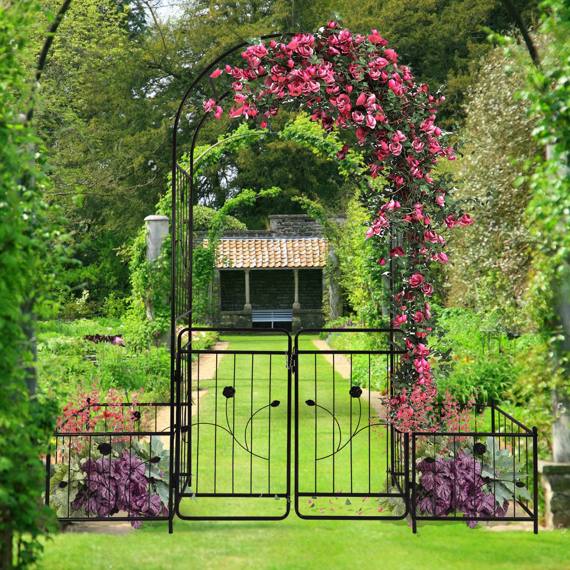 GOGEXX 80'' W x 20'' D Iron Arbor Gate with Gate in Black | Wayfair