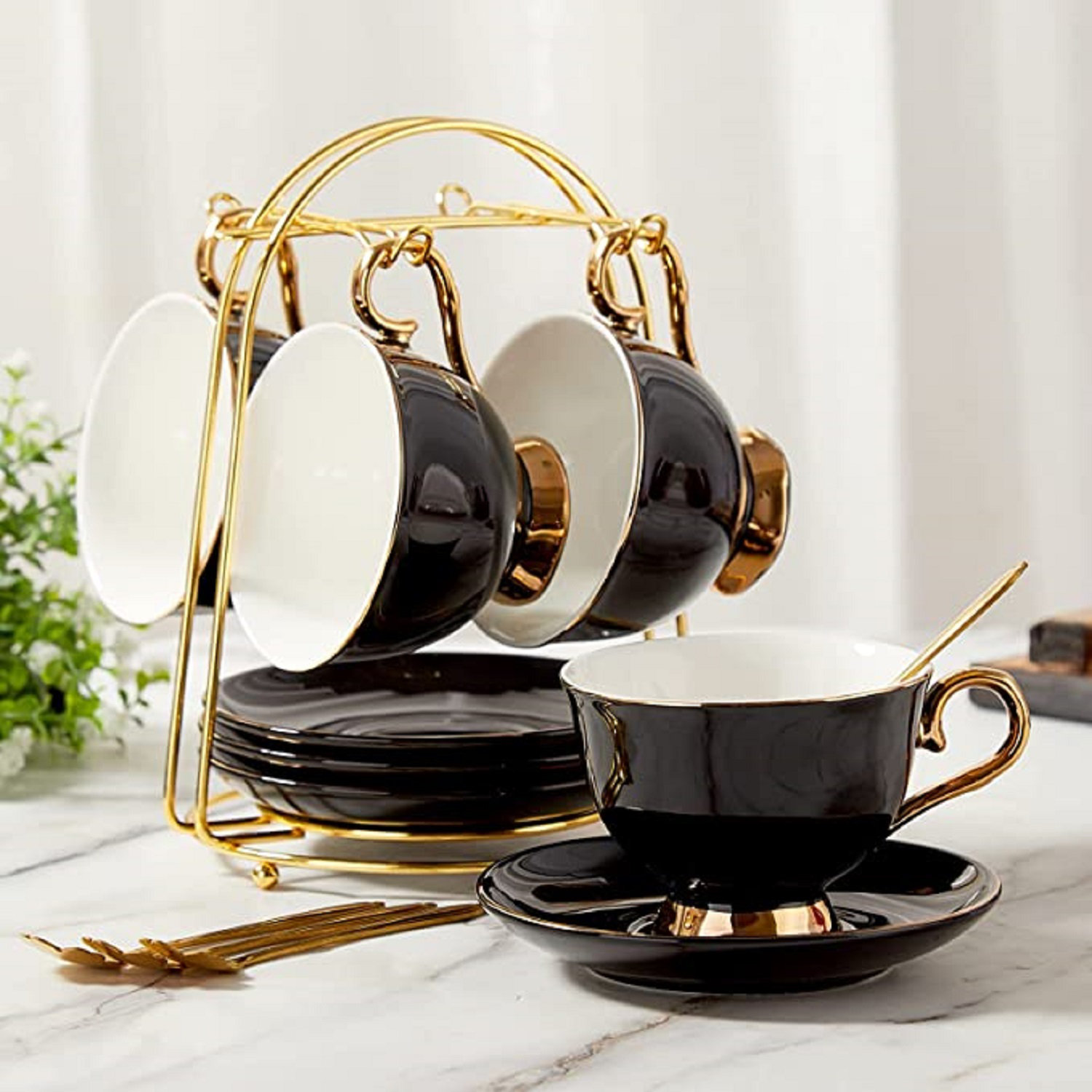 QXXSJ Tea Cups And Saucers Set Of 4 (7.4oz), Luxury Tea Cup Set With Golden Trim, Black Coffee ...