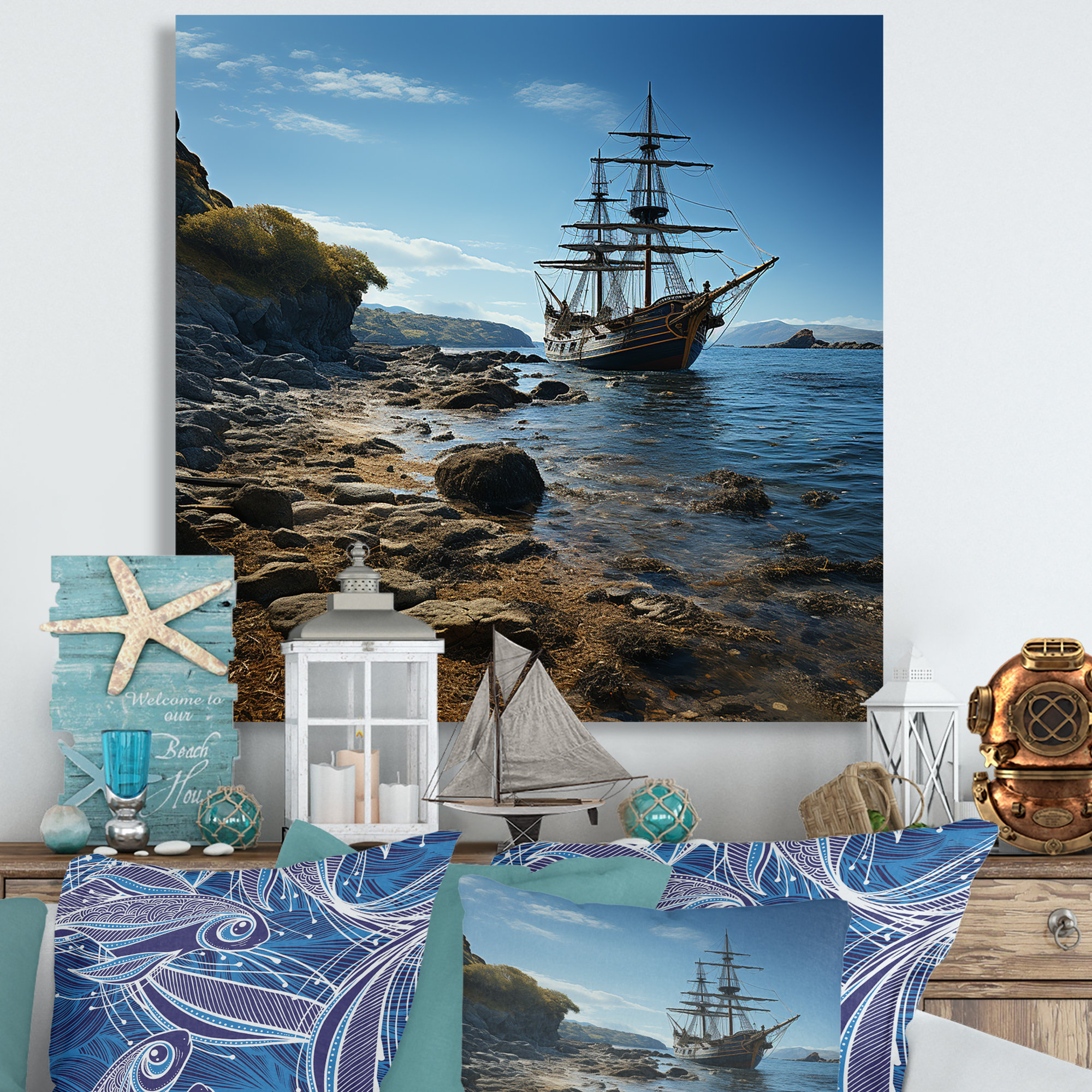 Design Art Pirate Ship Tropical Shores Of Redemption I - Pirate Canvas ...