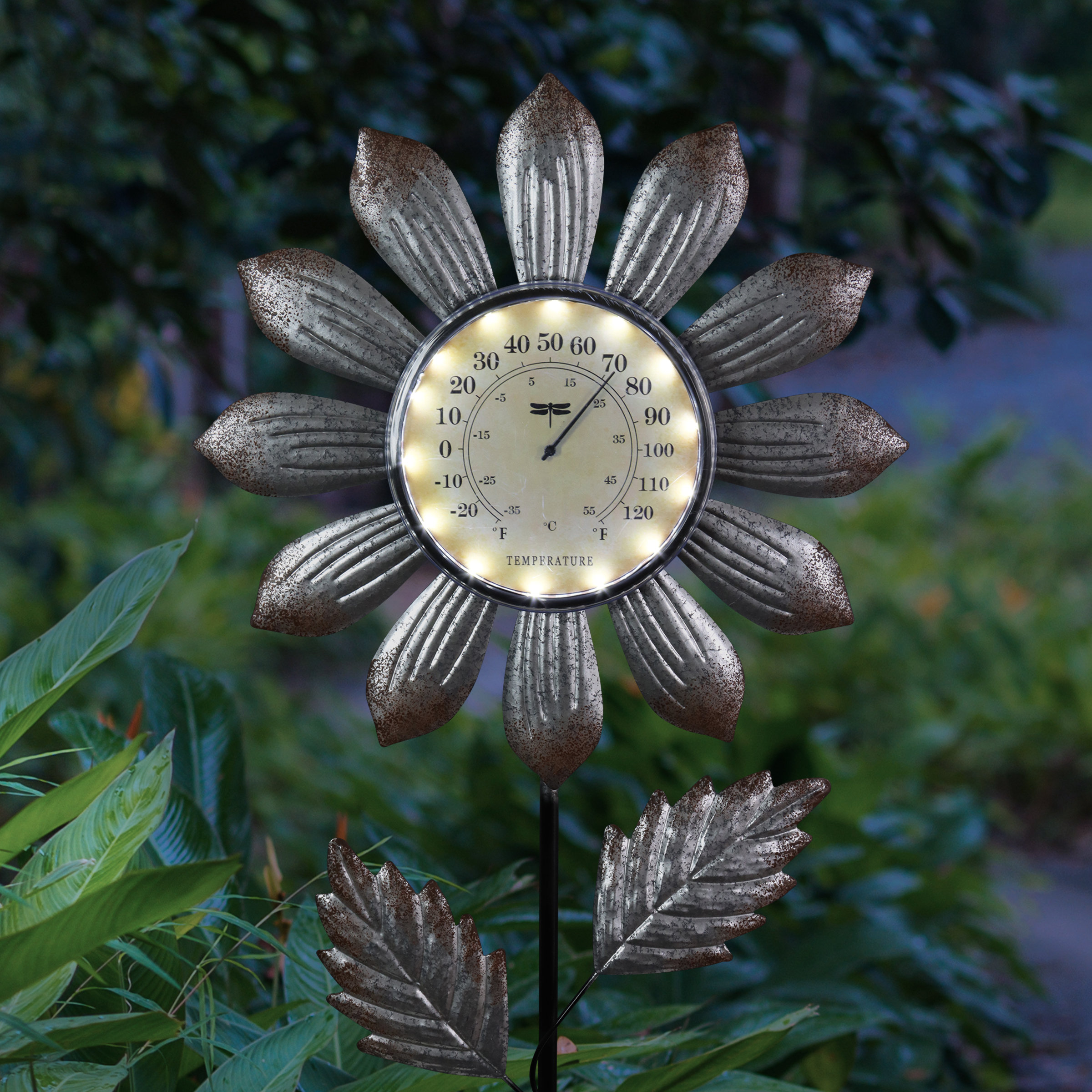 Exhart Solar Galvanized Metal Flower Thermometer Garden Stake, 14 by 45 ...