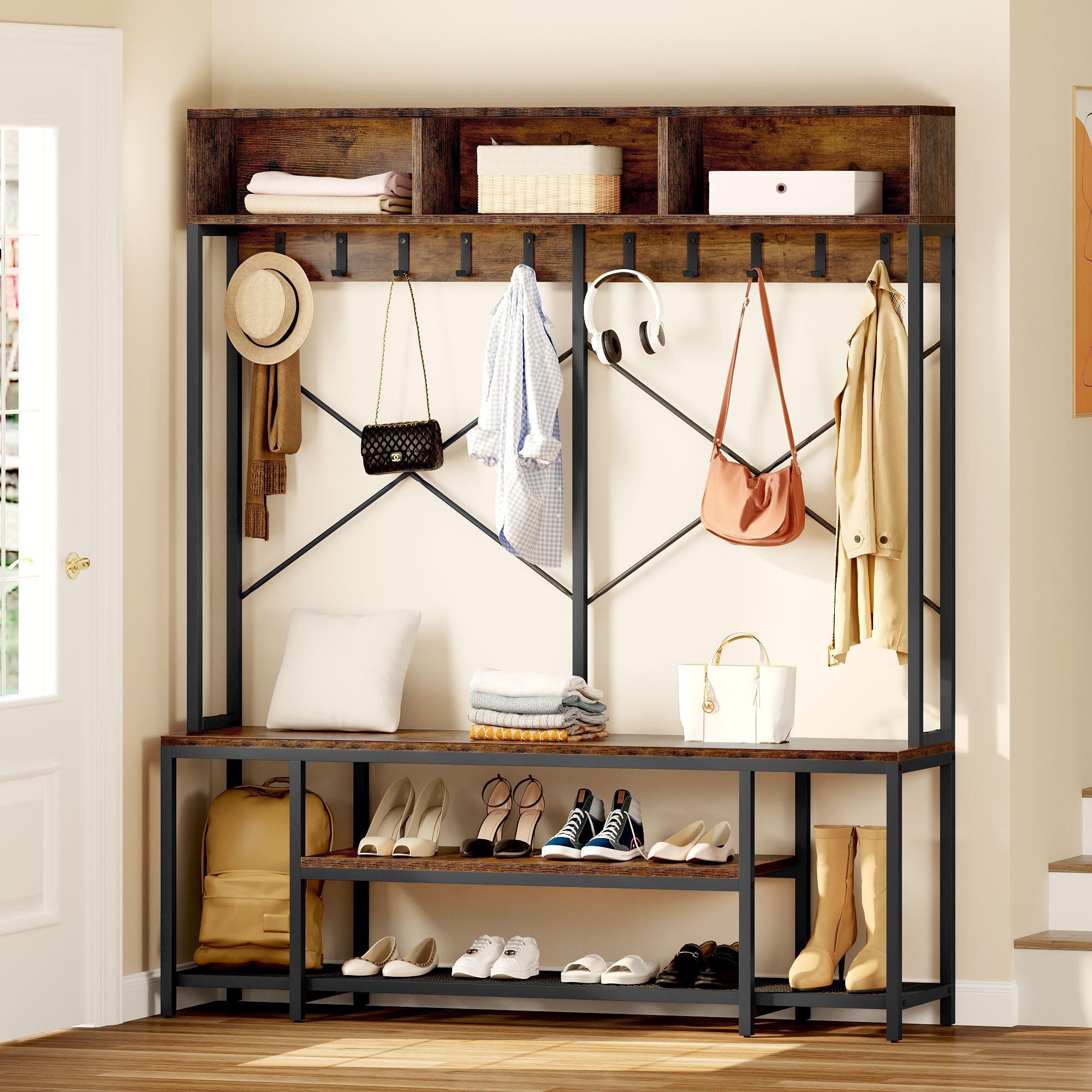 17 Stories Rohat Hall Tree 59'' Wide with Bench and Shoe Storage | Wayfair