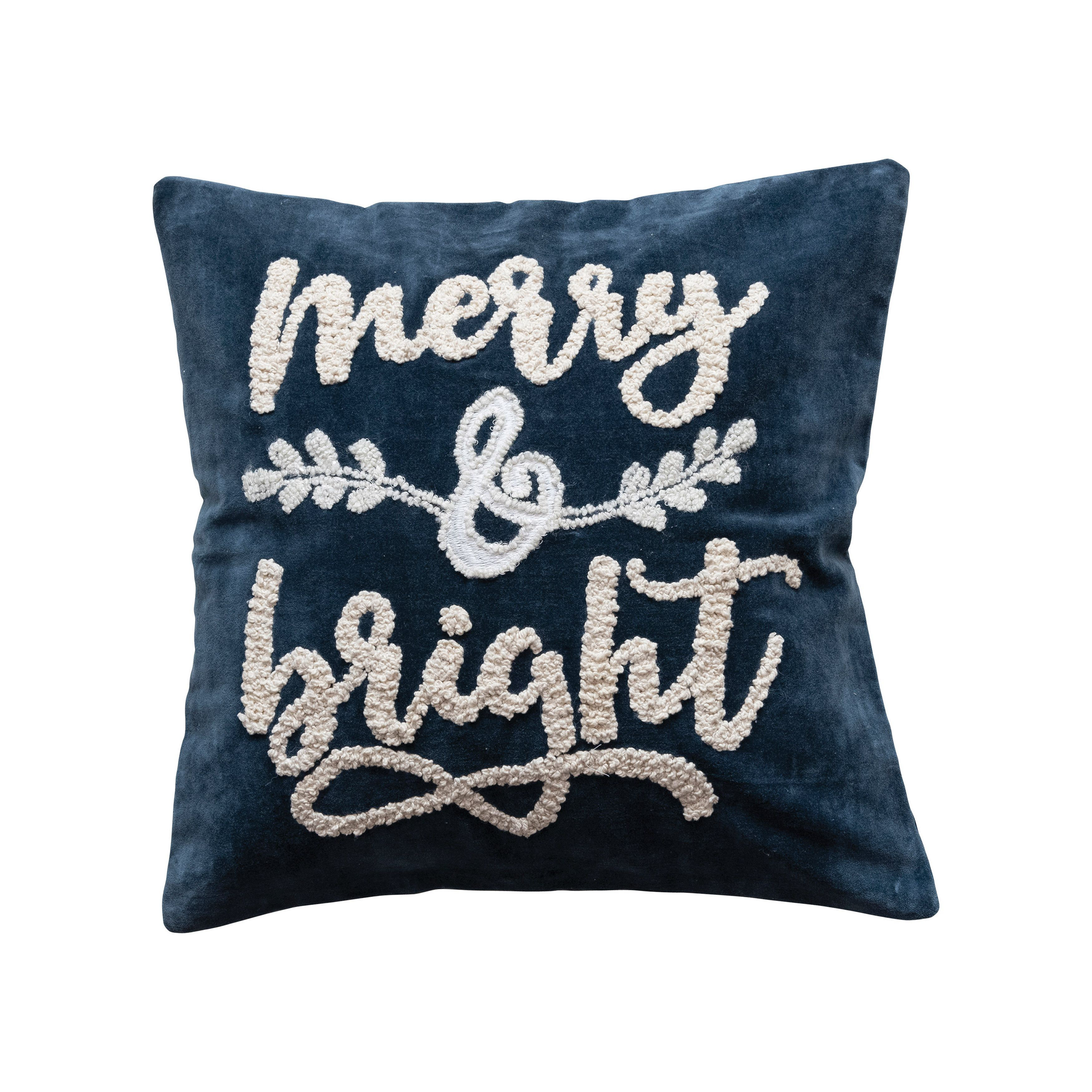 Creative Co-Op Square Cotton Velvet Pillow With Embroidered "Merry And ...
