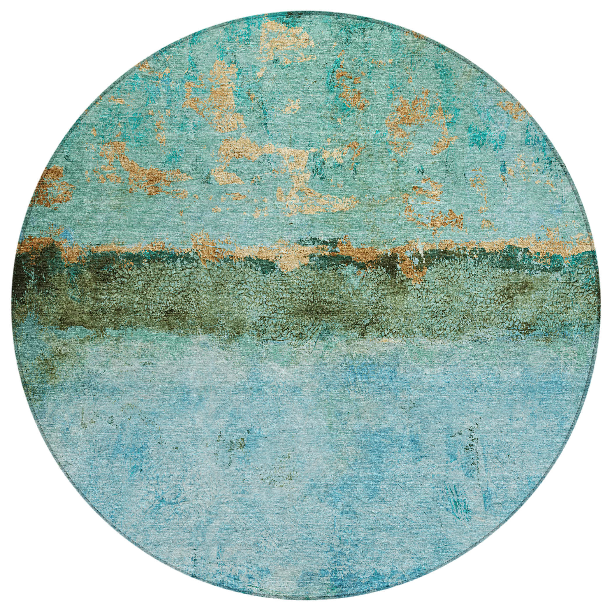 Orren Ellis Everette 8' Teal Blue And Gold Round Abstract Washable ...